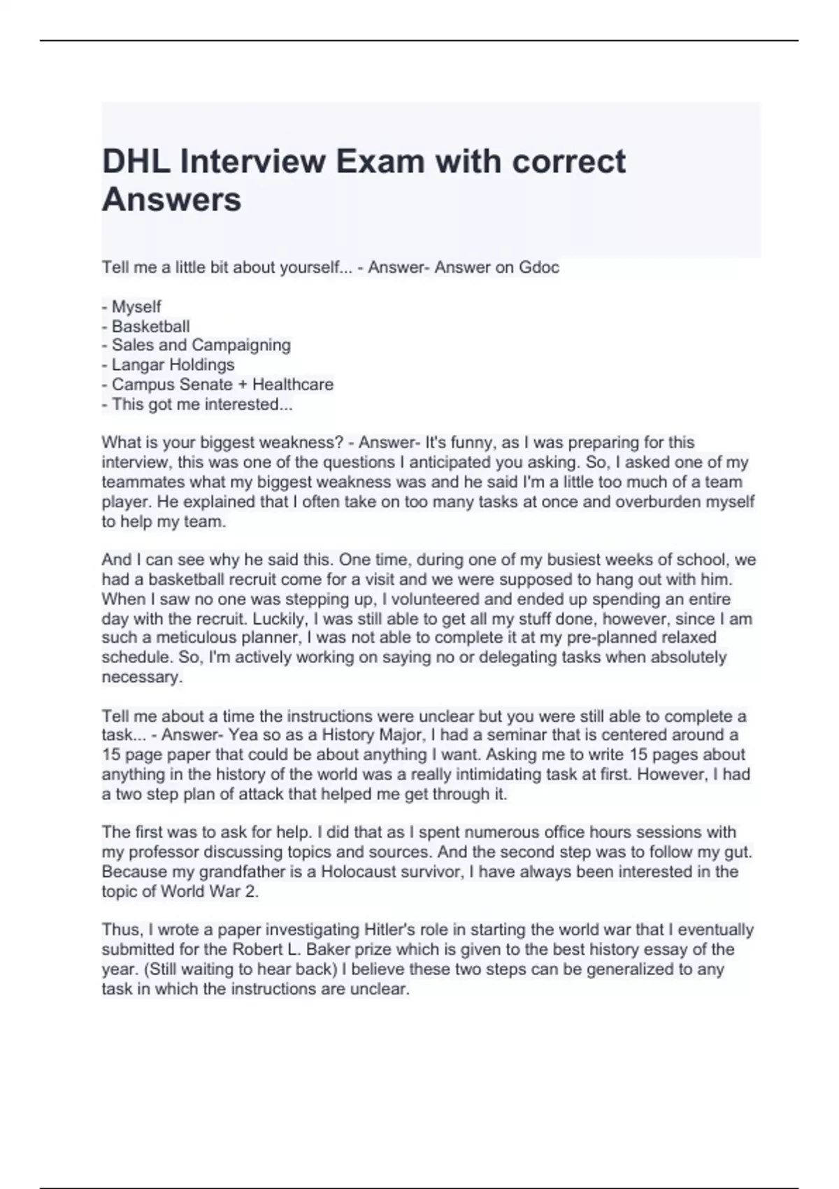 DHL Interview Exam with correct Answers 2024 - Graded A - DHL - Stuvia US