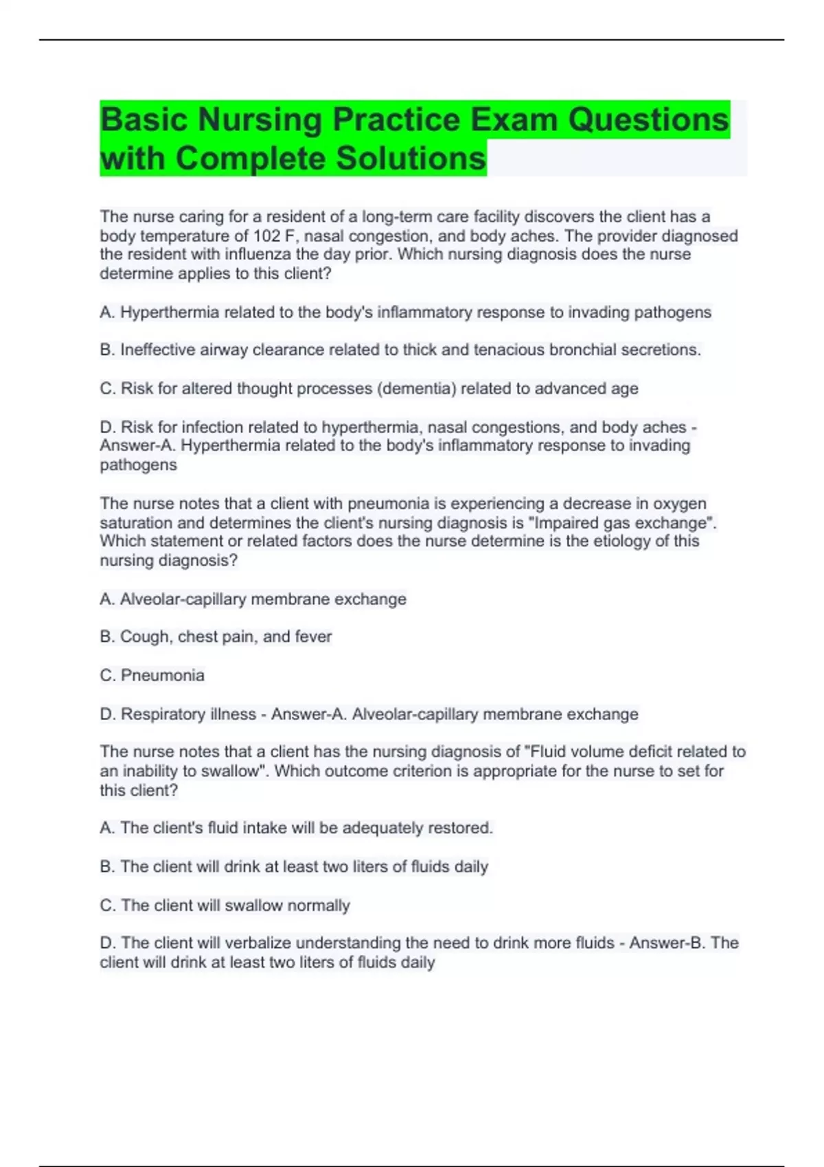 Basic Nursing Practice Exam Questions with Complete Solutions - Nursing ...