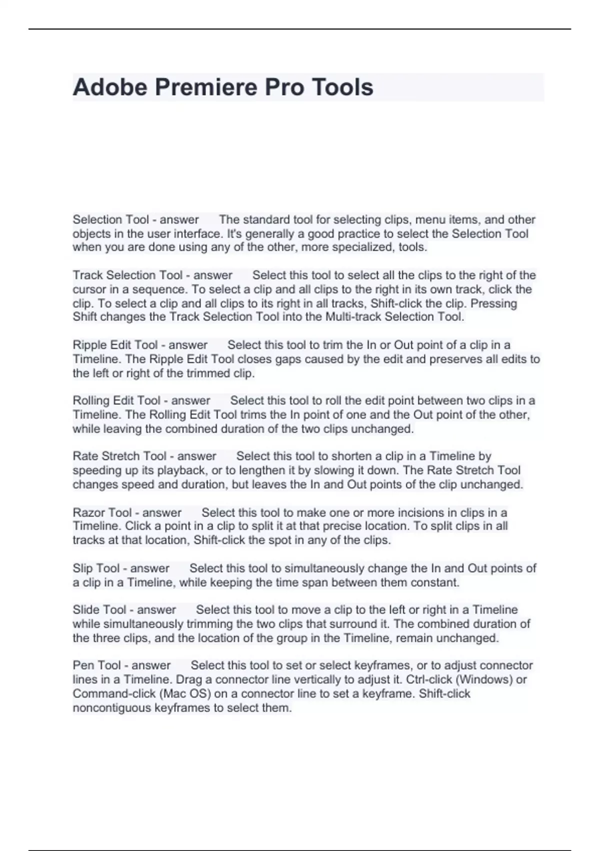 Adobe Premiere Pro Tools Questions with solutions 2024 - Adobe - Stuvia US