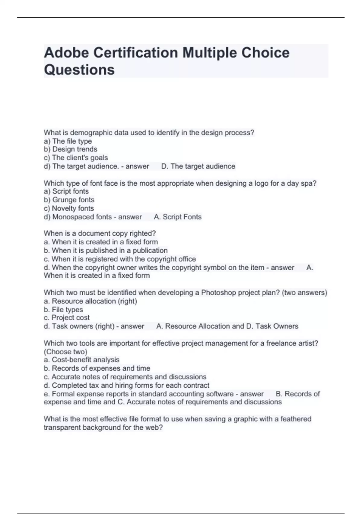 Adobe Certification Multiple Choice Questions with solutions 2024 ...