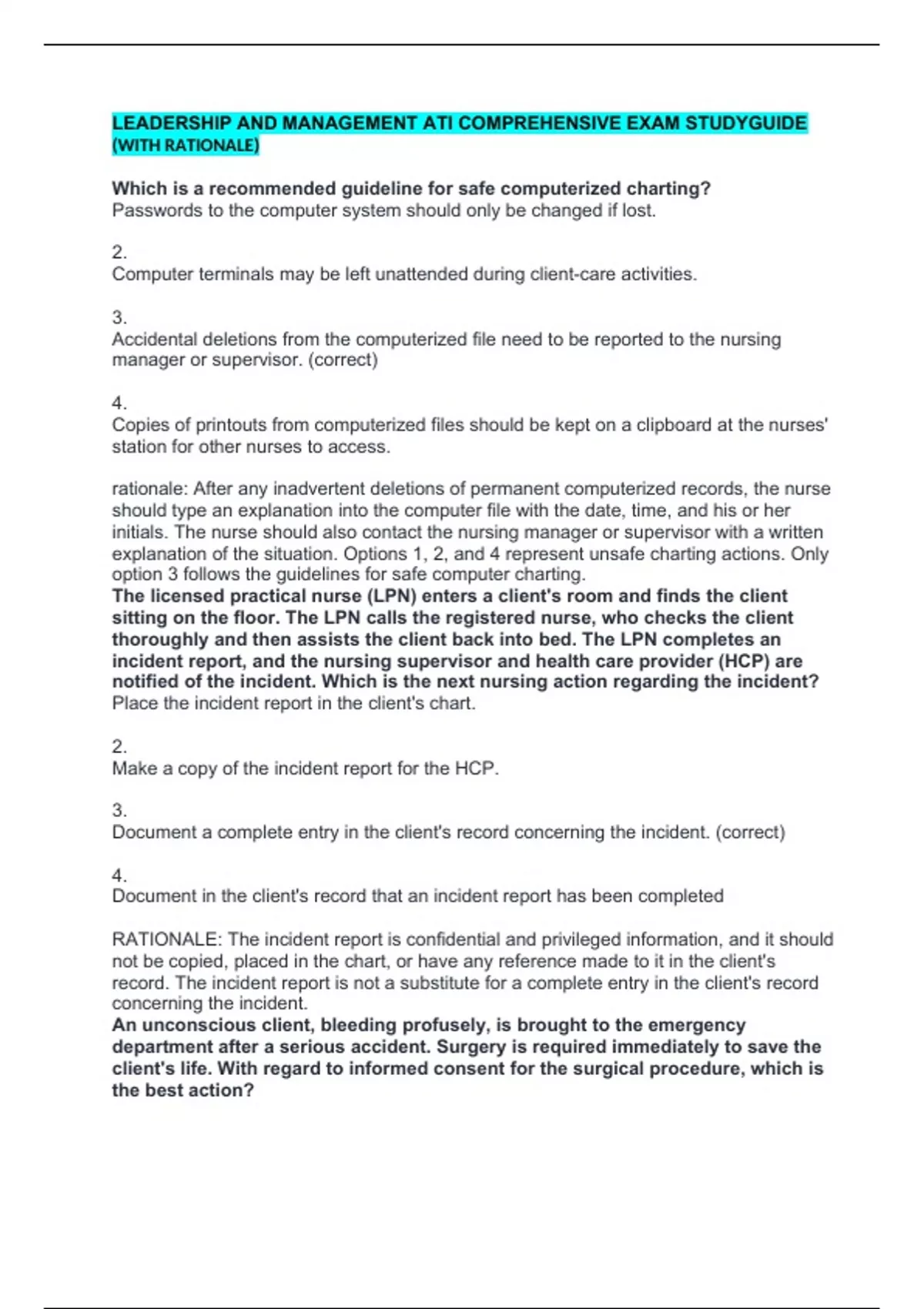 LEADERSHIP AND MANAGEMENT ATI COMPREHENSIVE EXAM STUDYGUIDE (WITH ...