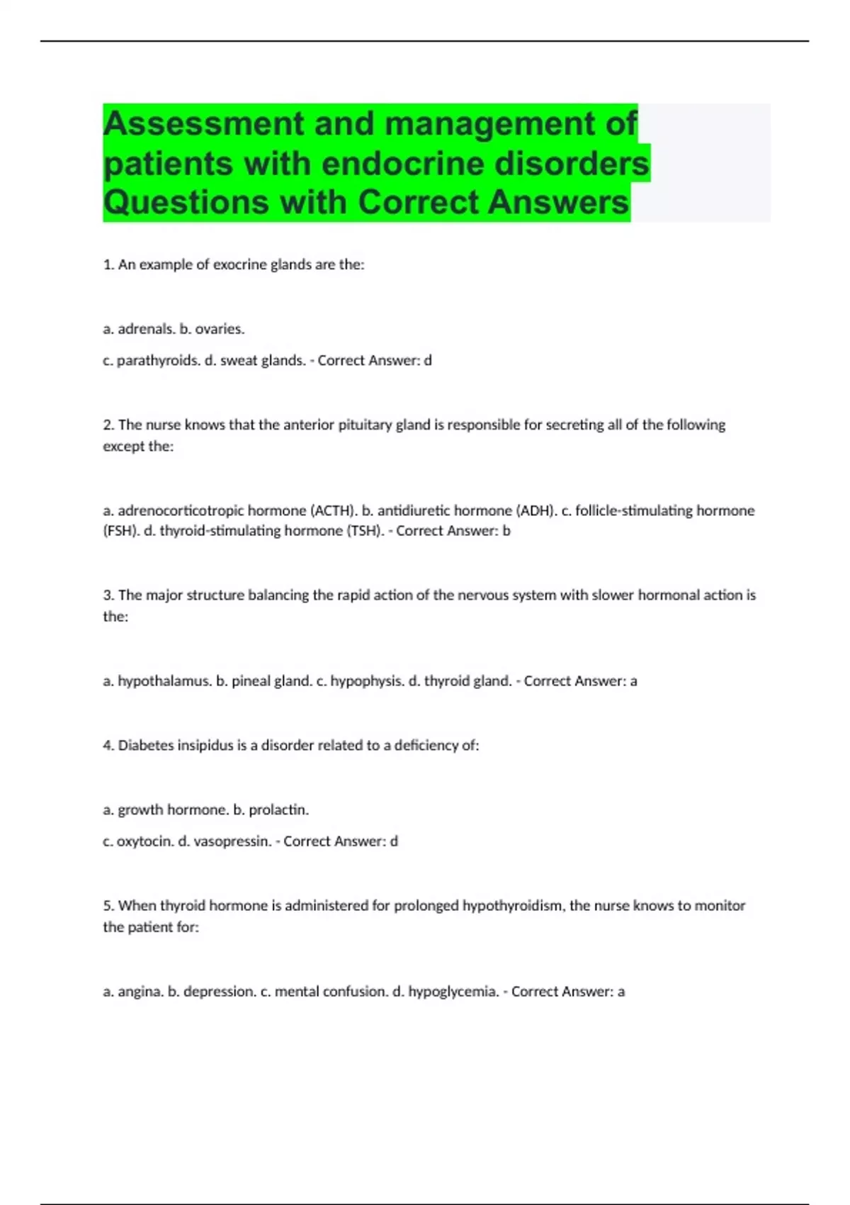 Assessment and Management of Patients with Endocrine Disorders NCLEX ...