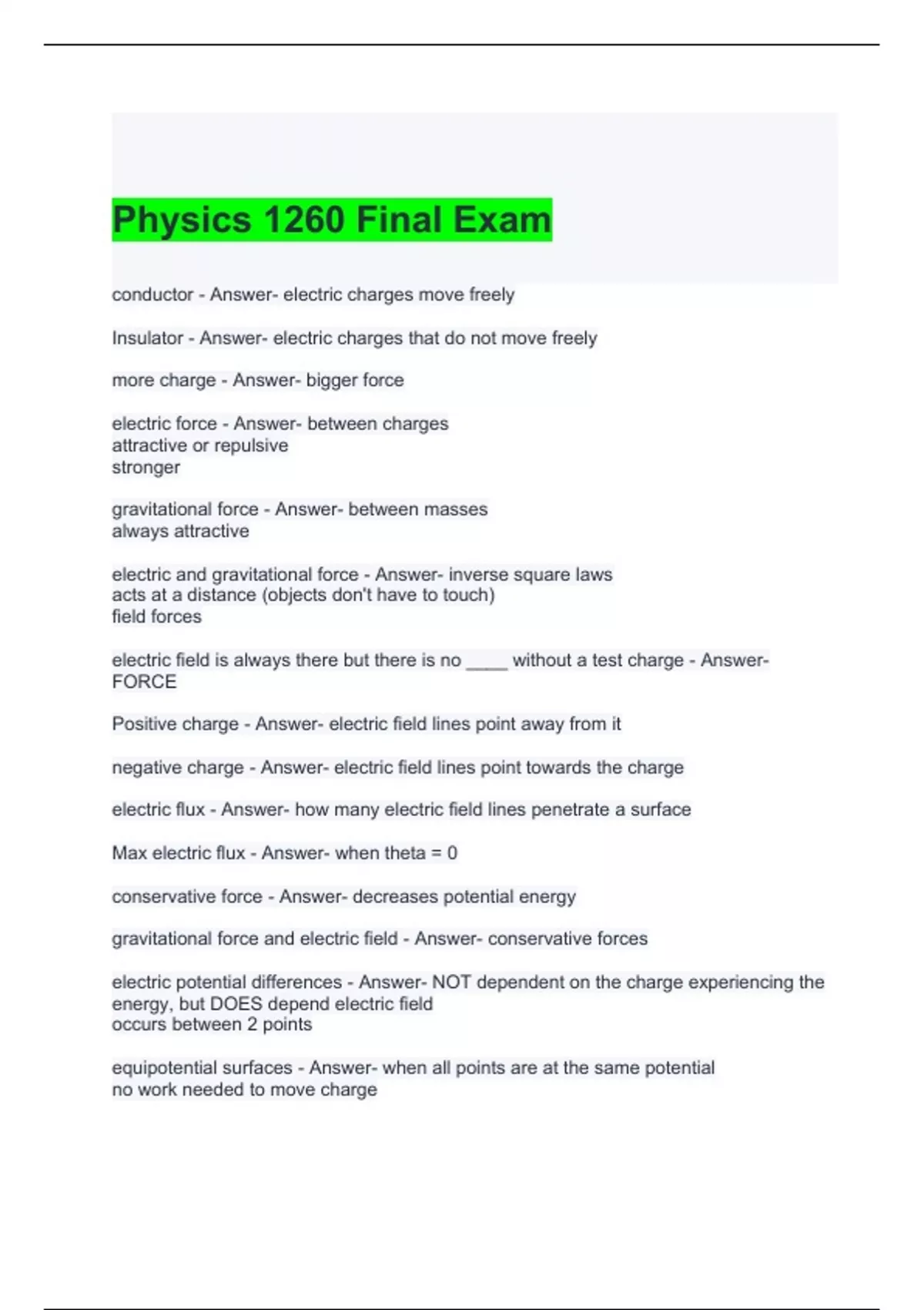 Physics 1260 Final Exam with Verified Answers 2024 - PHYS 1260 - Stuvia US