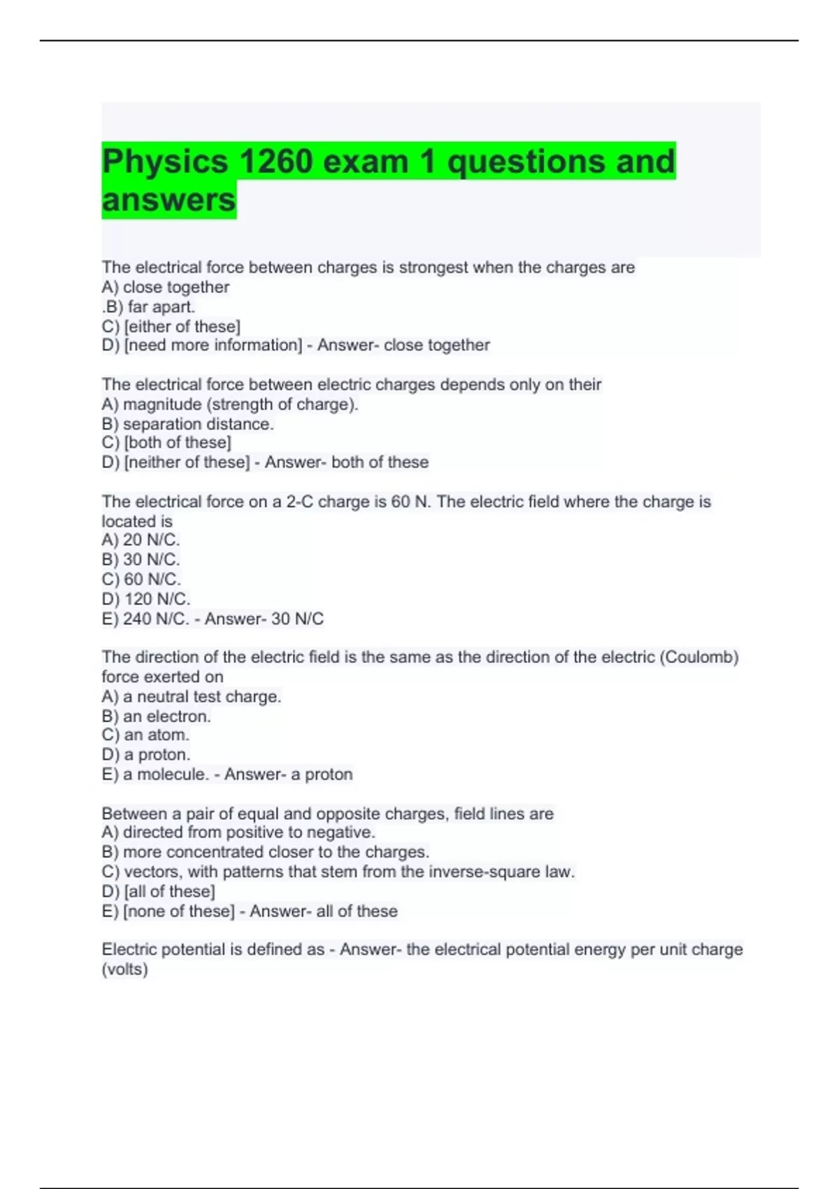 Physics 1260 exam 1 questions and answers 100% correct - PHYS 1260 ...