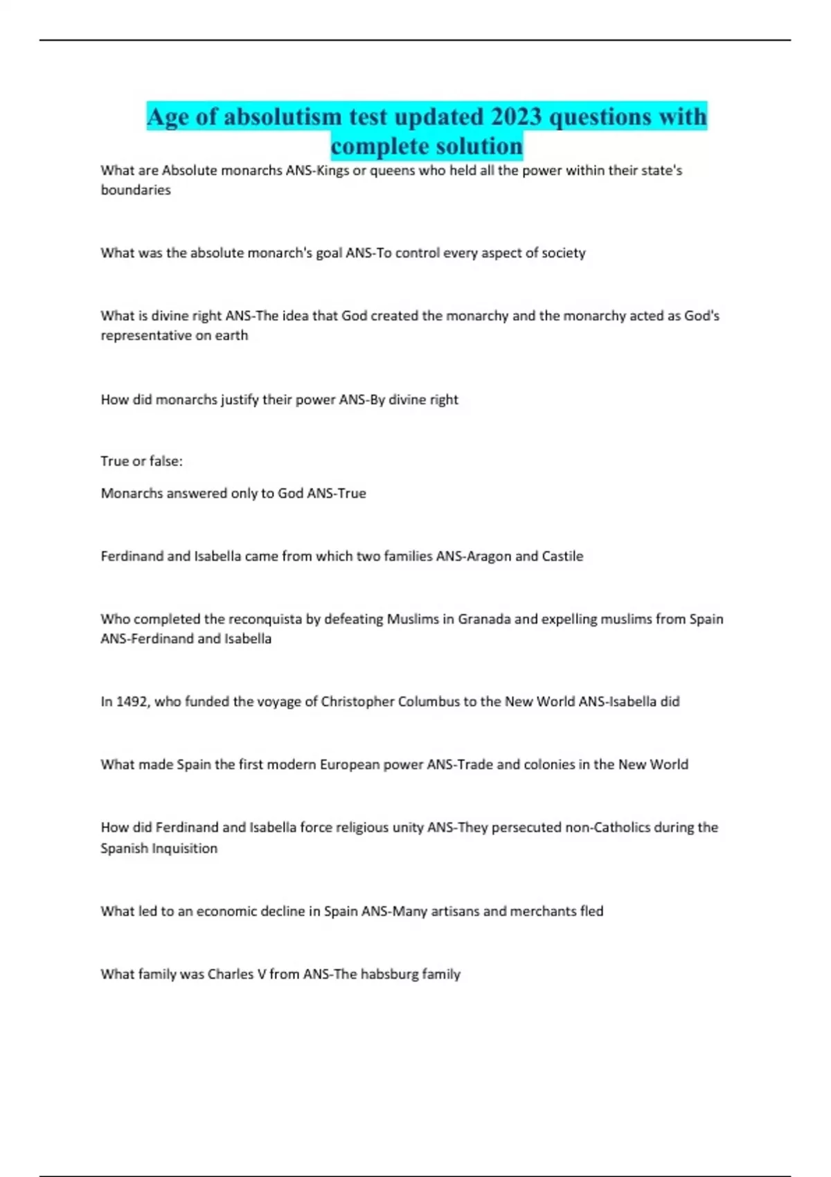 Age of absolutism test updated 2023 questions with complete solution ...