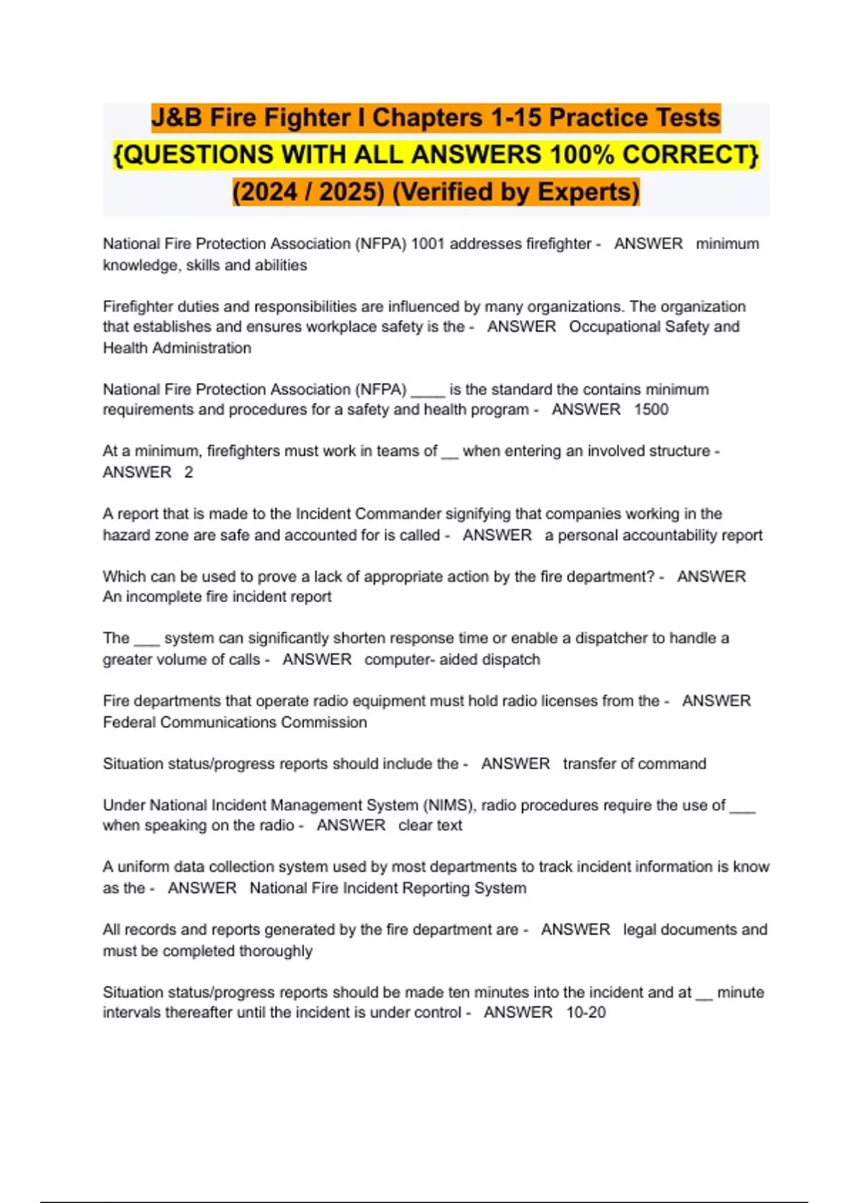 J&B Fire Fighter I Chapters 1-15 Practice Tests {QUESTIONS WITH ALL ...