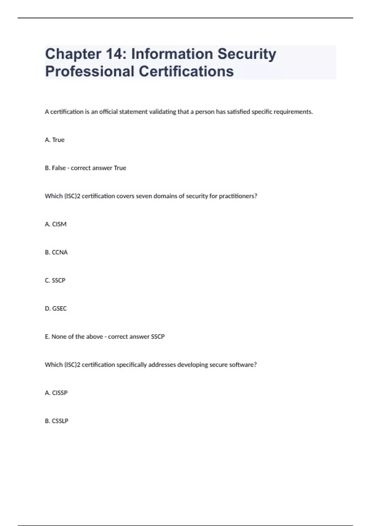 Chapter 14 Information Security Professional Certifications Question ...