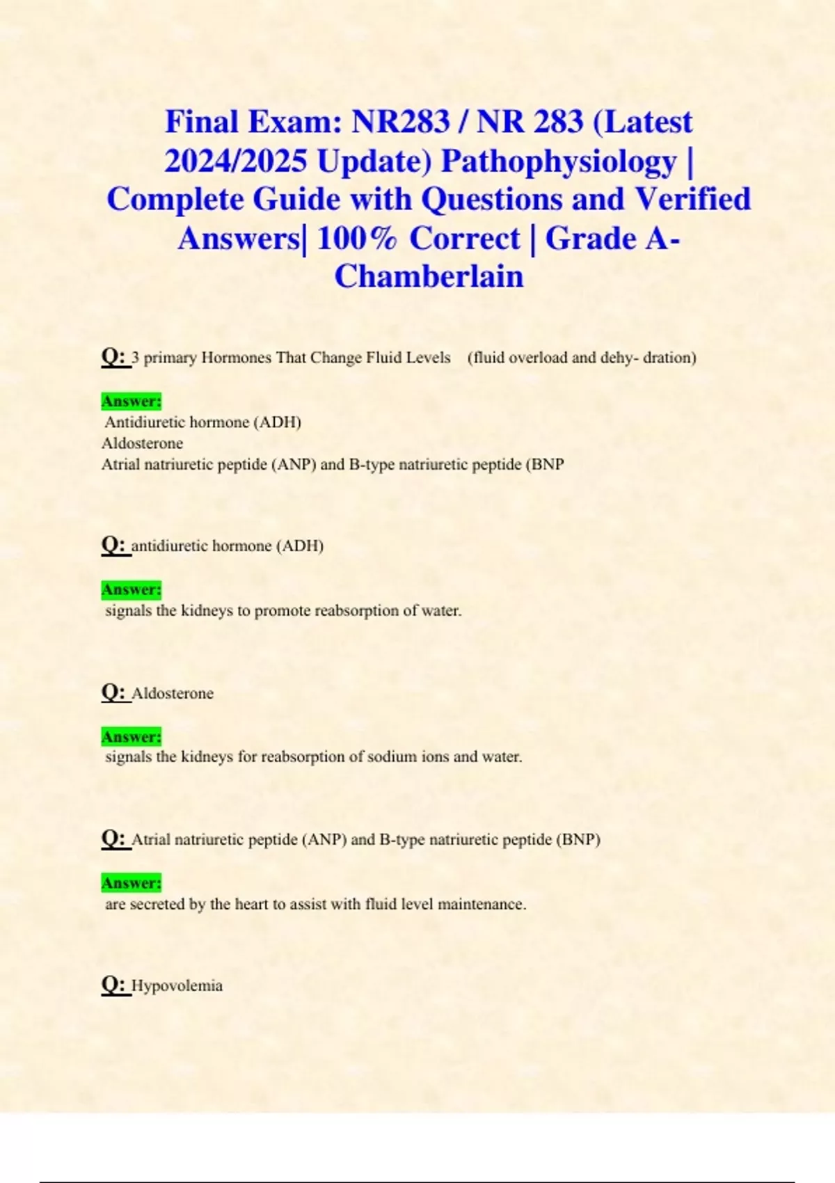 Final Exam: NR283 / NR 283 (Latest 2024/2025 Update) Pathophysiology ...
