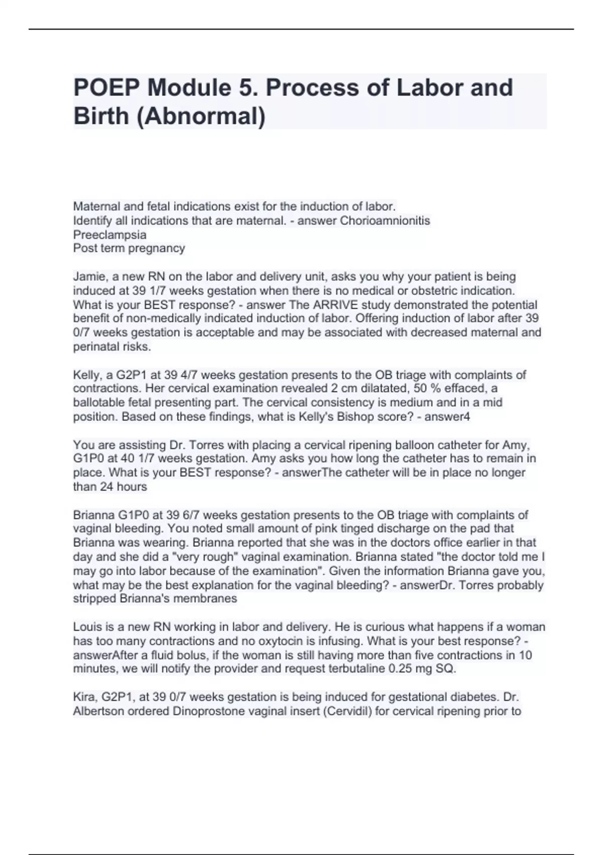 POEP Module 5. Process of Labor and Birth (Abnormal) Questions and Answers 100% Verified - POEP ...