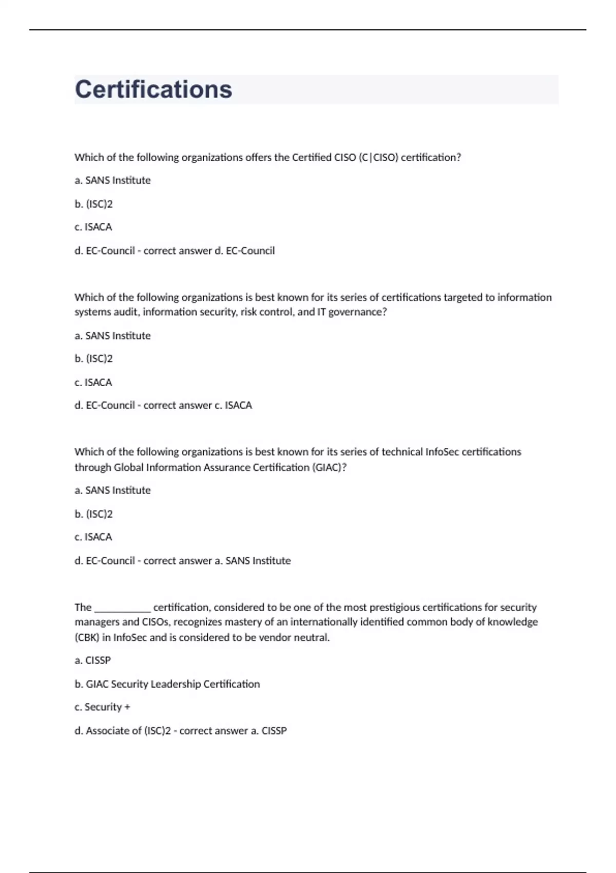 Certifications Question and answers 100% correct 2024 - GIAC - Stuvia US