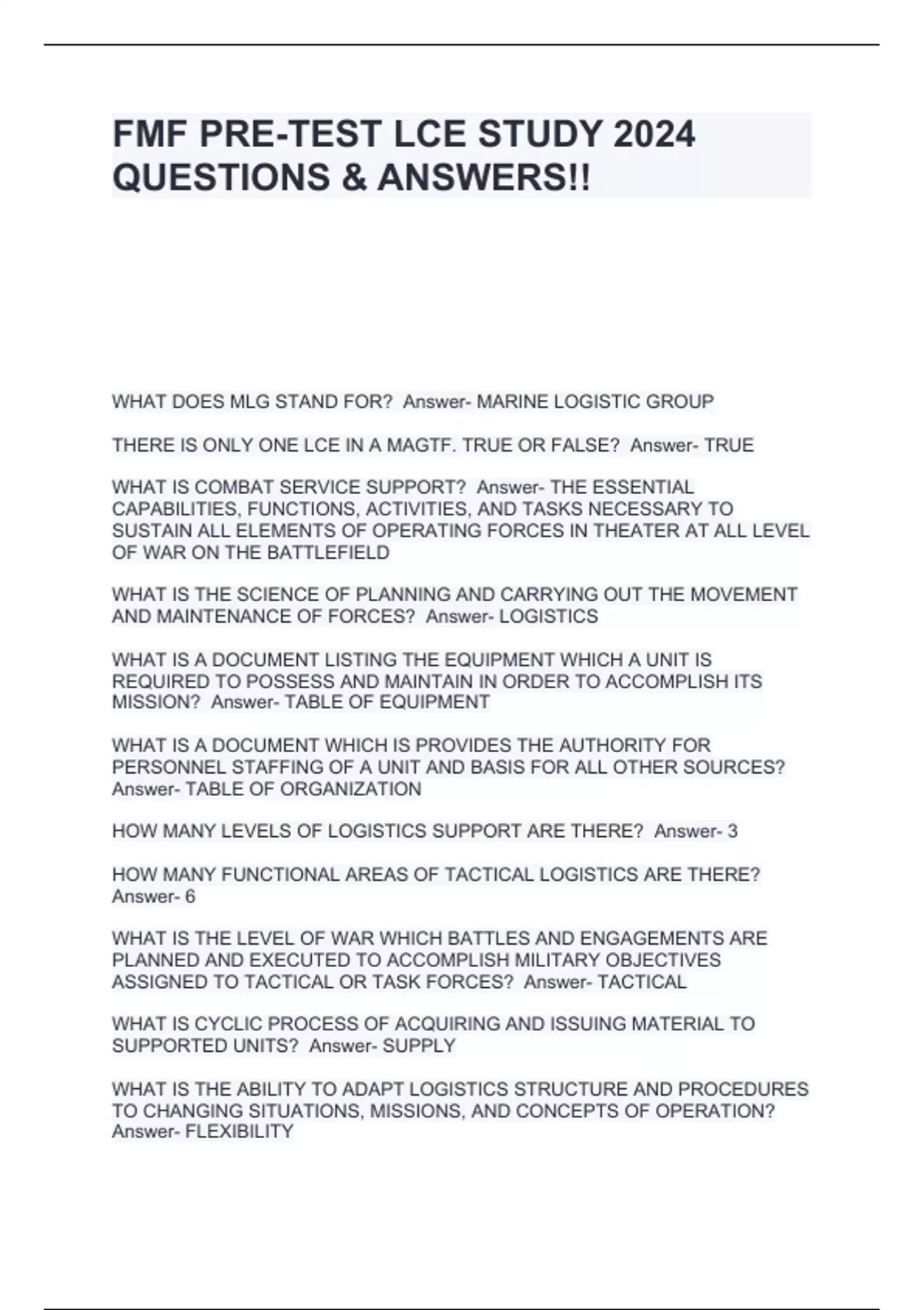 FMF PRE-TEST LCE STUDY 2024 QUESTIONS & ANSWERS!! - FMF - Stuvia US