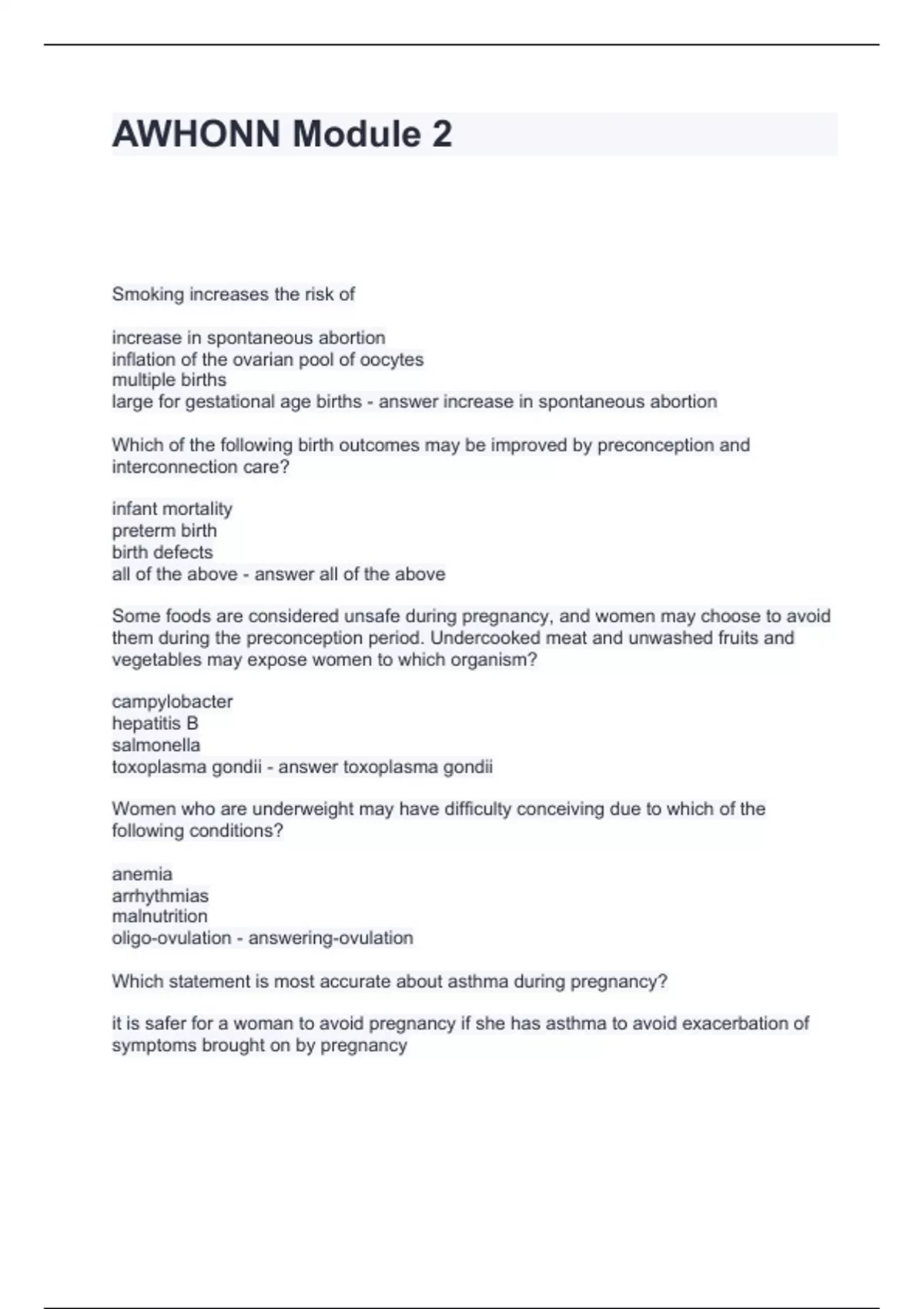 AWHONN Module 2 Questions and Answers 2024 - POEP - Stuvia US