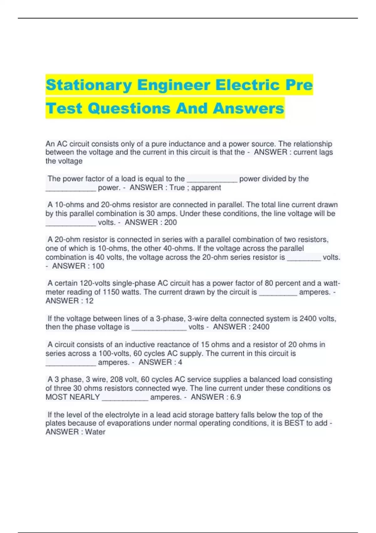 Stationary Engineer Electric Pre Test Questions And Answers ...