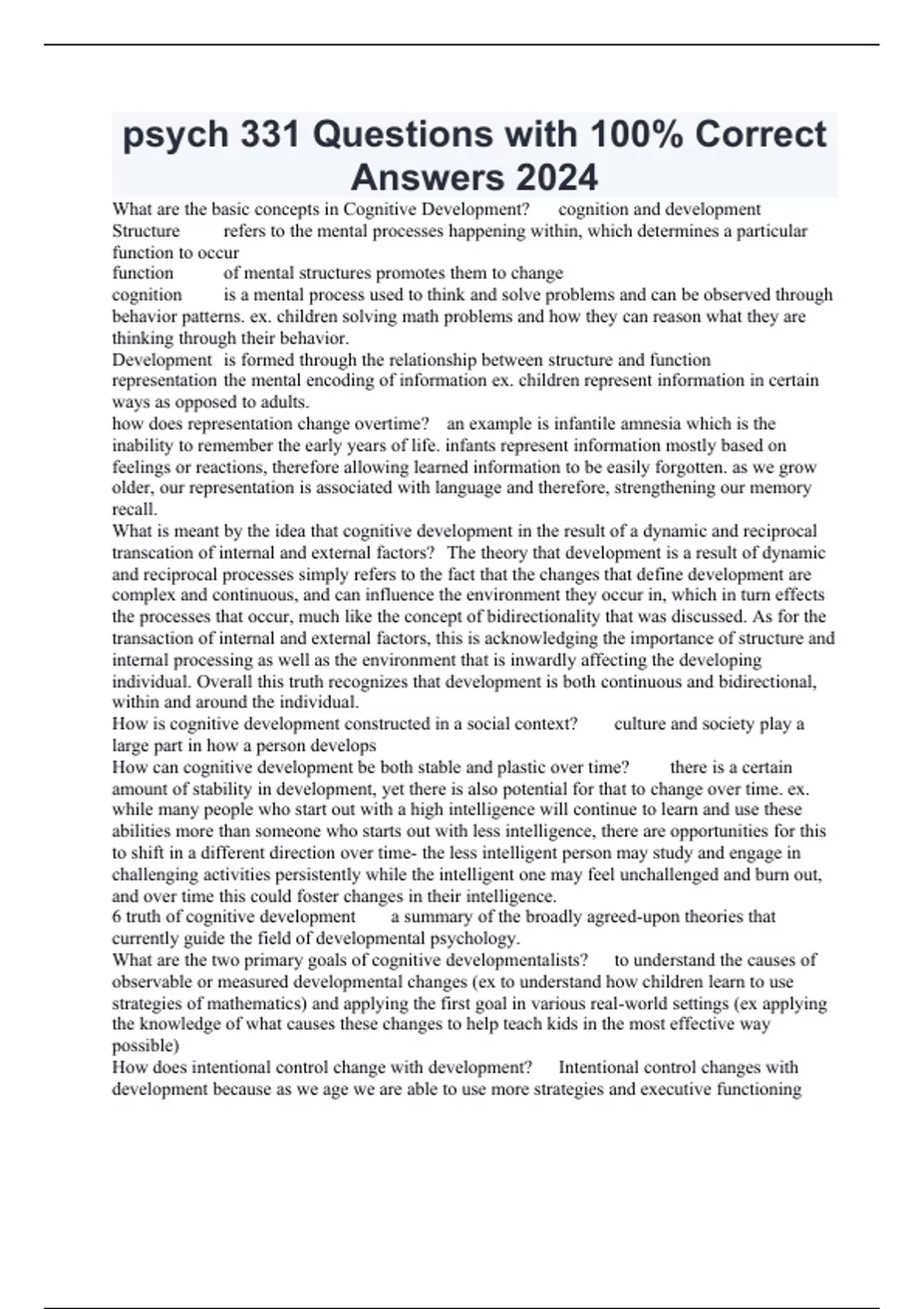 psych 331 Questions with 100% Correct Answers 2024 - Psyc 331 - Stuvia US