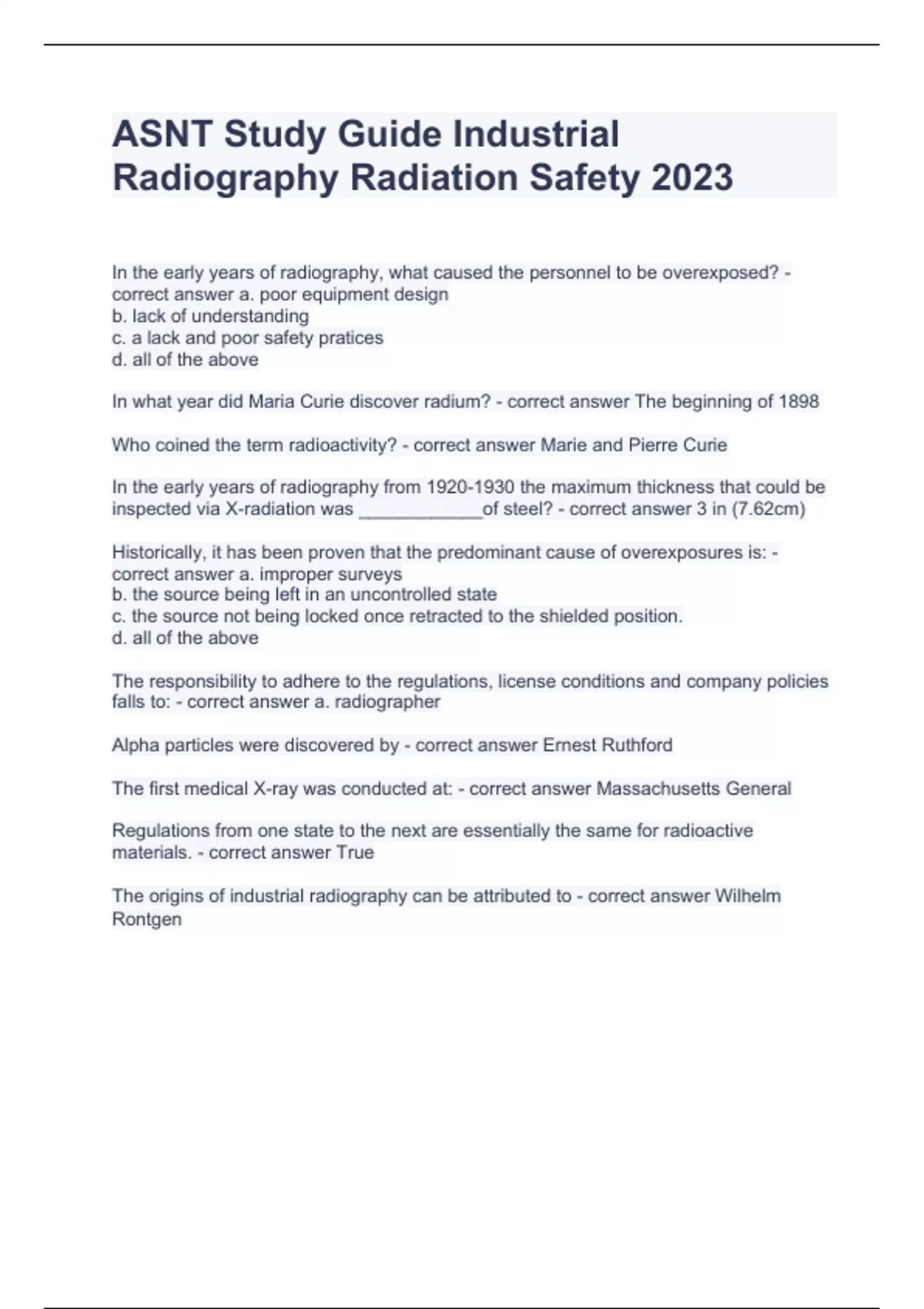 ASNT Study Guide Industrial Radiography Radiation Safety 2023 Clearly ...