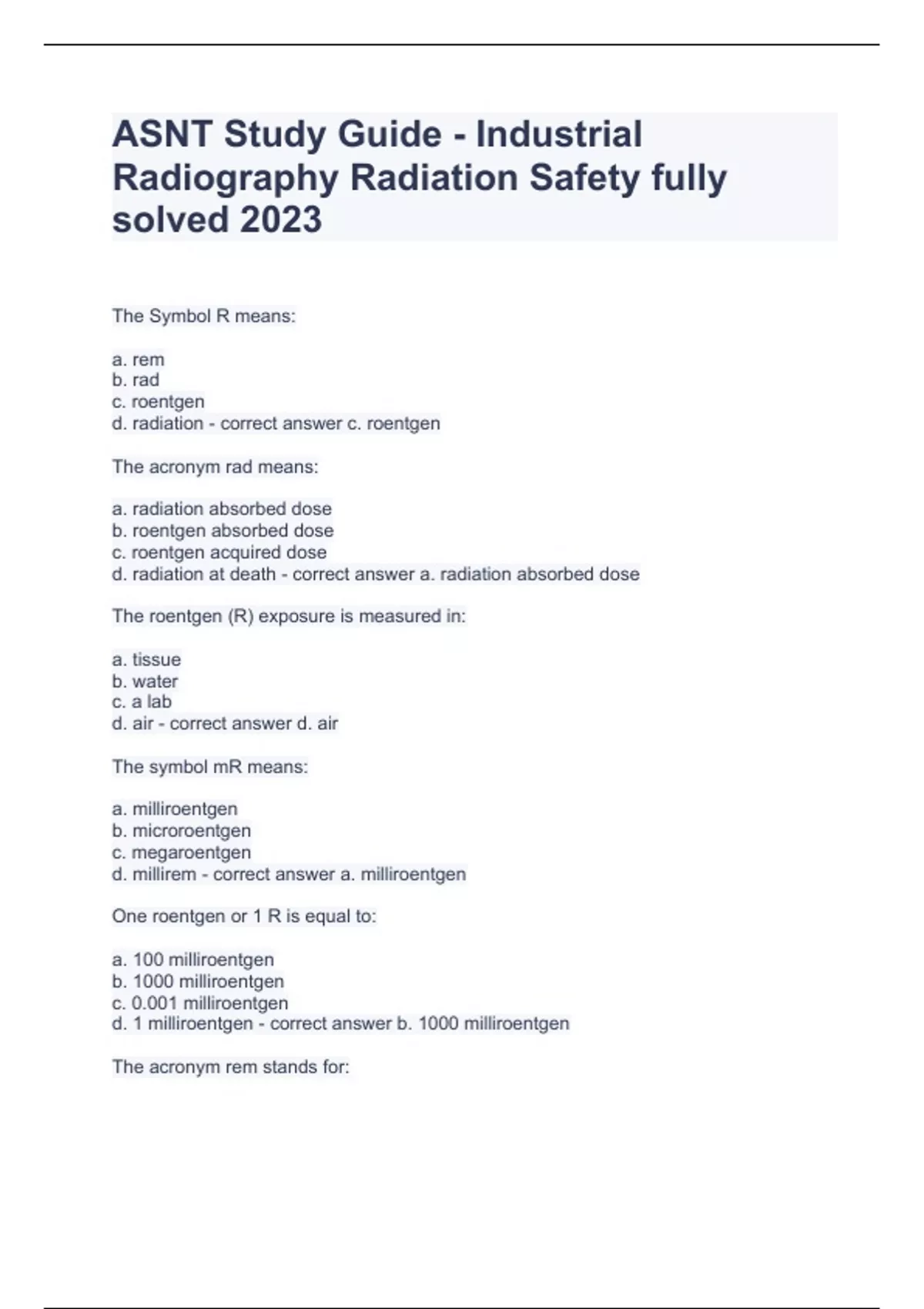 ASNT Study Guide - Industrial Radiography Radiation Safety Fully solved ...