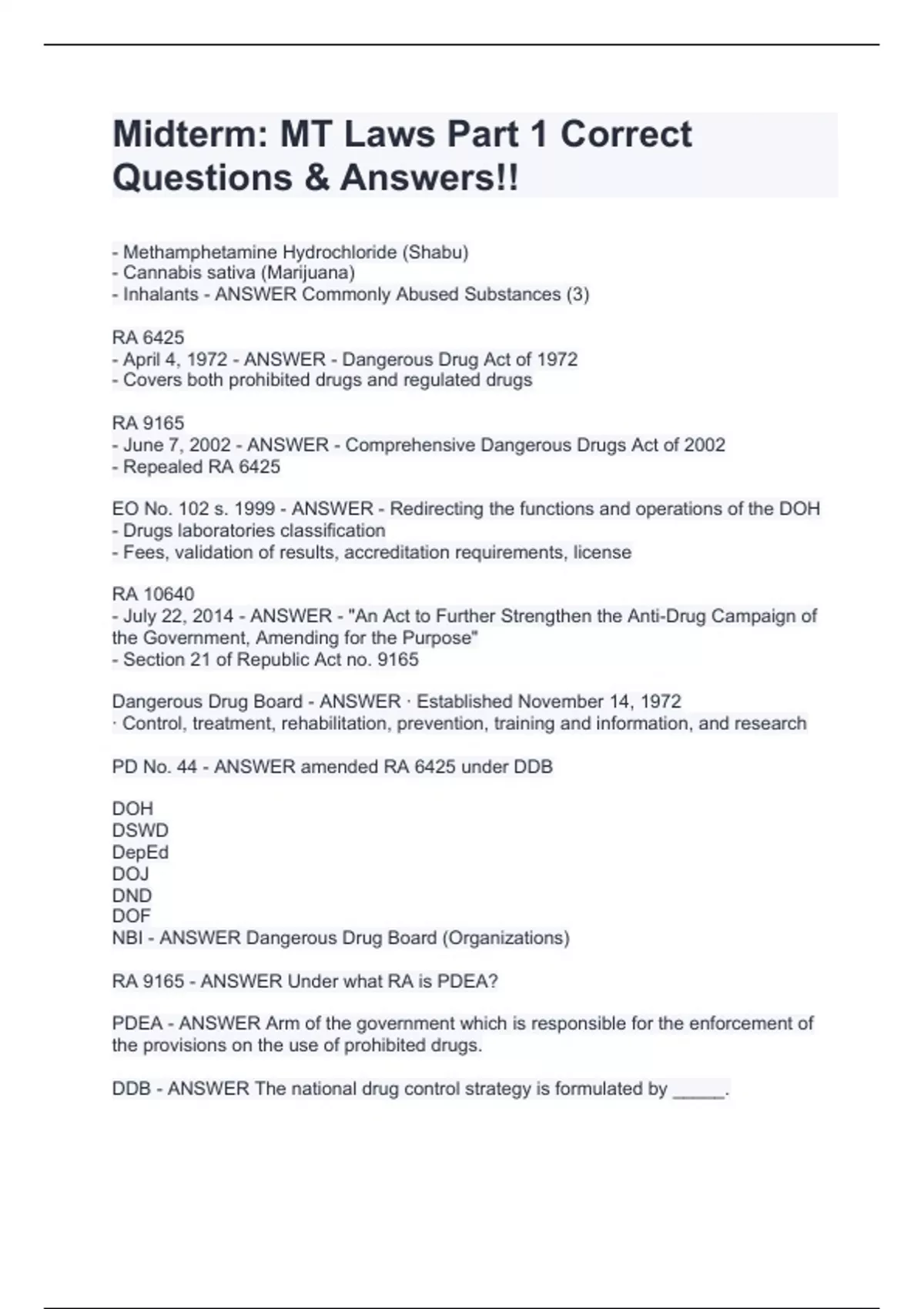 Midterm: MT Laws Part 1 Correct Questions & Answers!! - MT Laws - Stuvia US