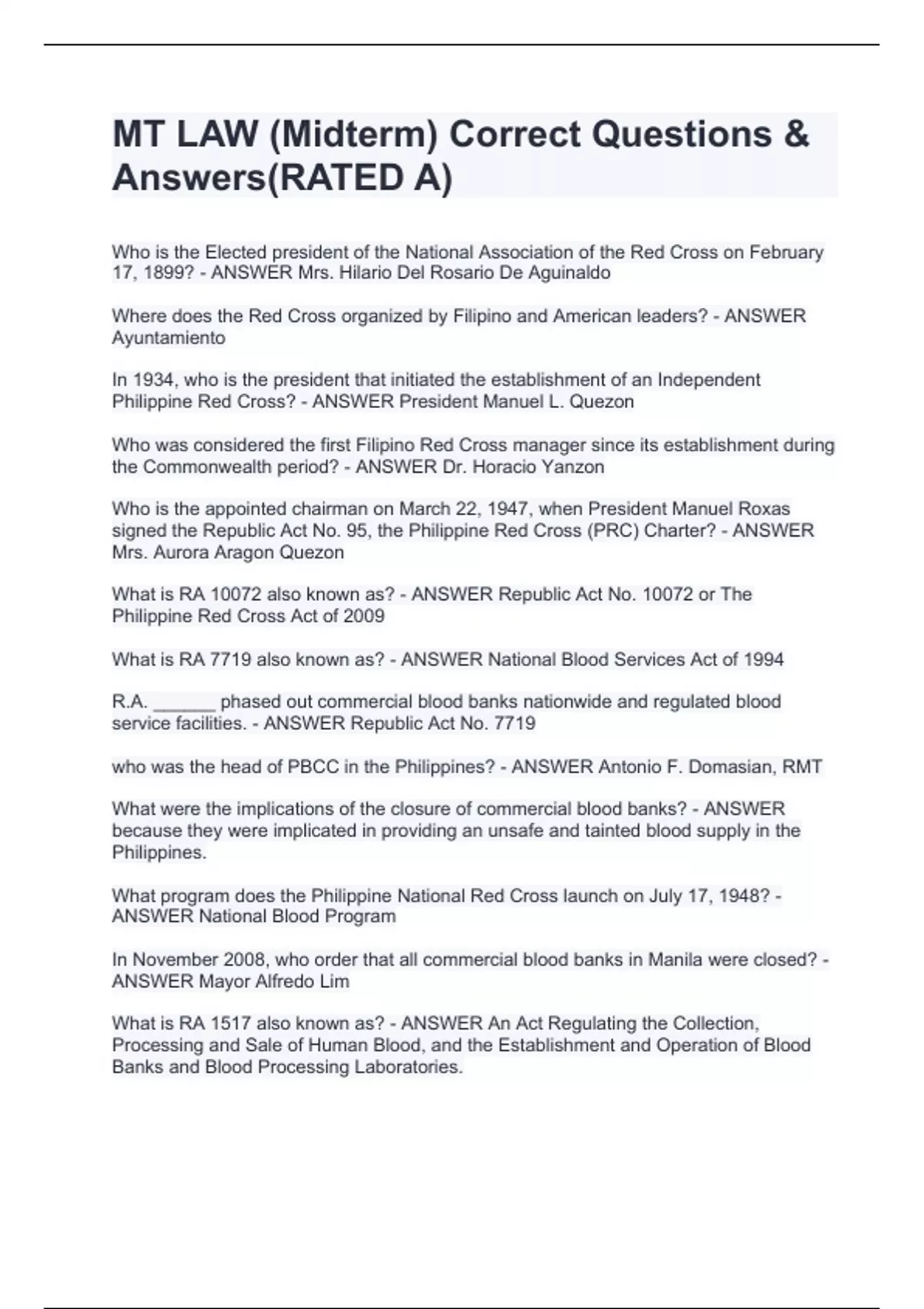 MT LAW (Midterm) Correct Questions & Answers(RATED A) - MT LAW - Stuvia US