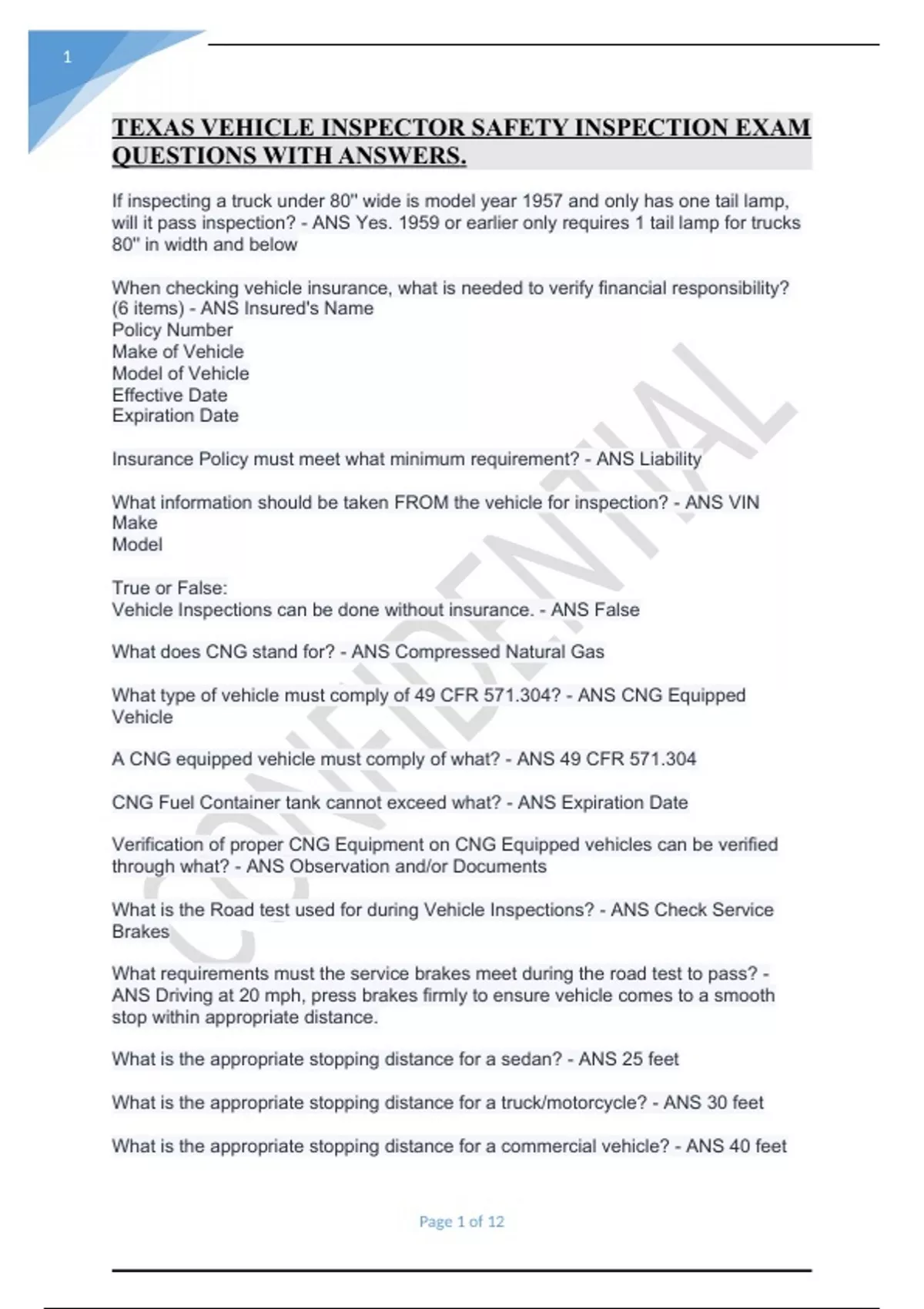 TEXAS VEHICLE INSPECTOR SAFETY INSPECTION EXAM QUESTIONS WITH ANSWERS ...