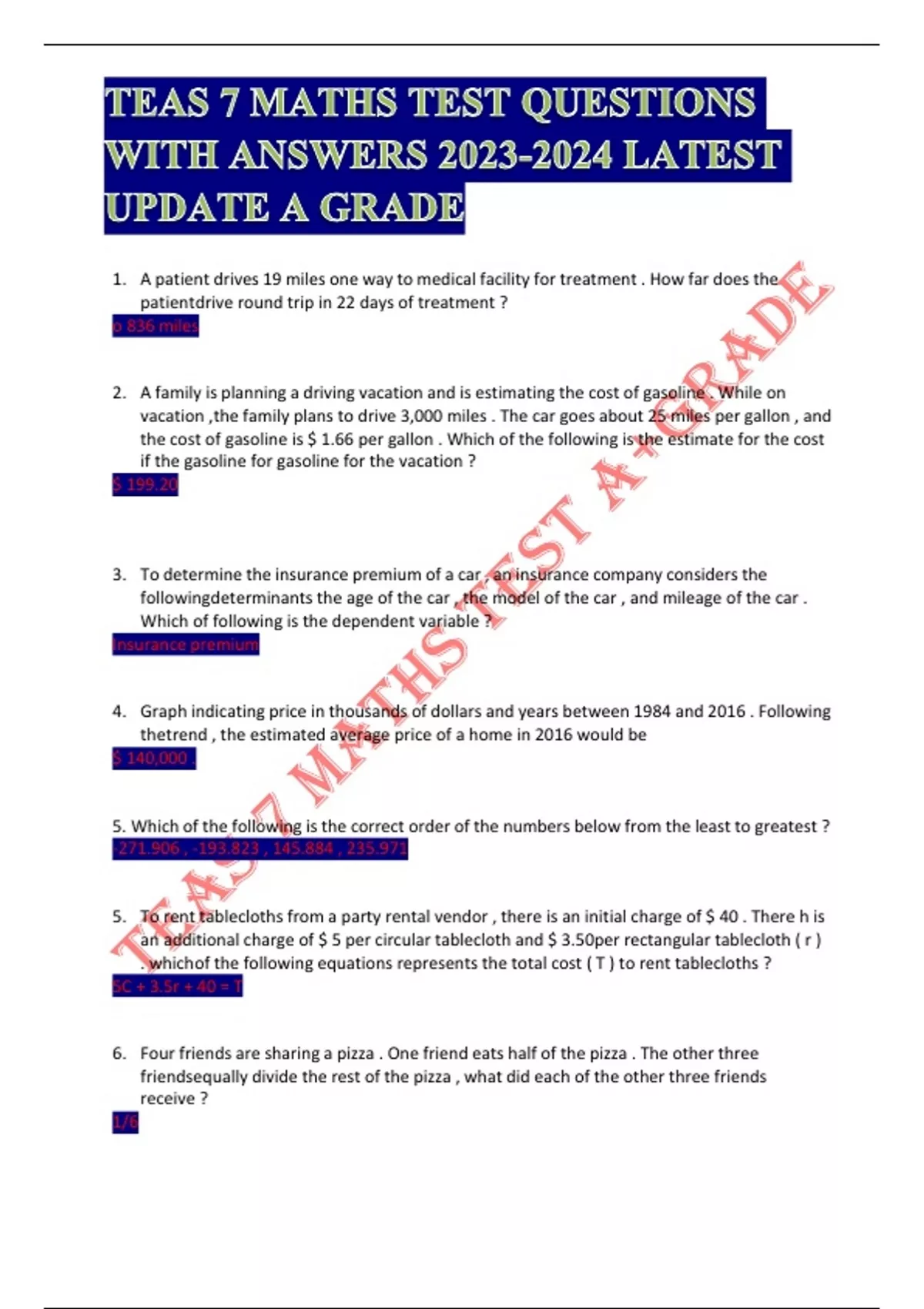 TEAS 7 MATHS TEST QUESTIONS WITH ANSWERS LATEST UPDATE A GRADE - TEAS 7 ...