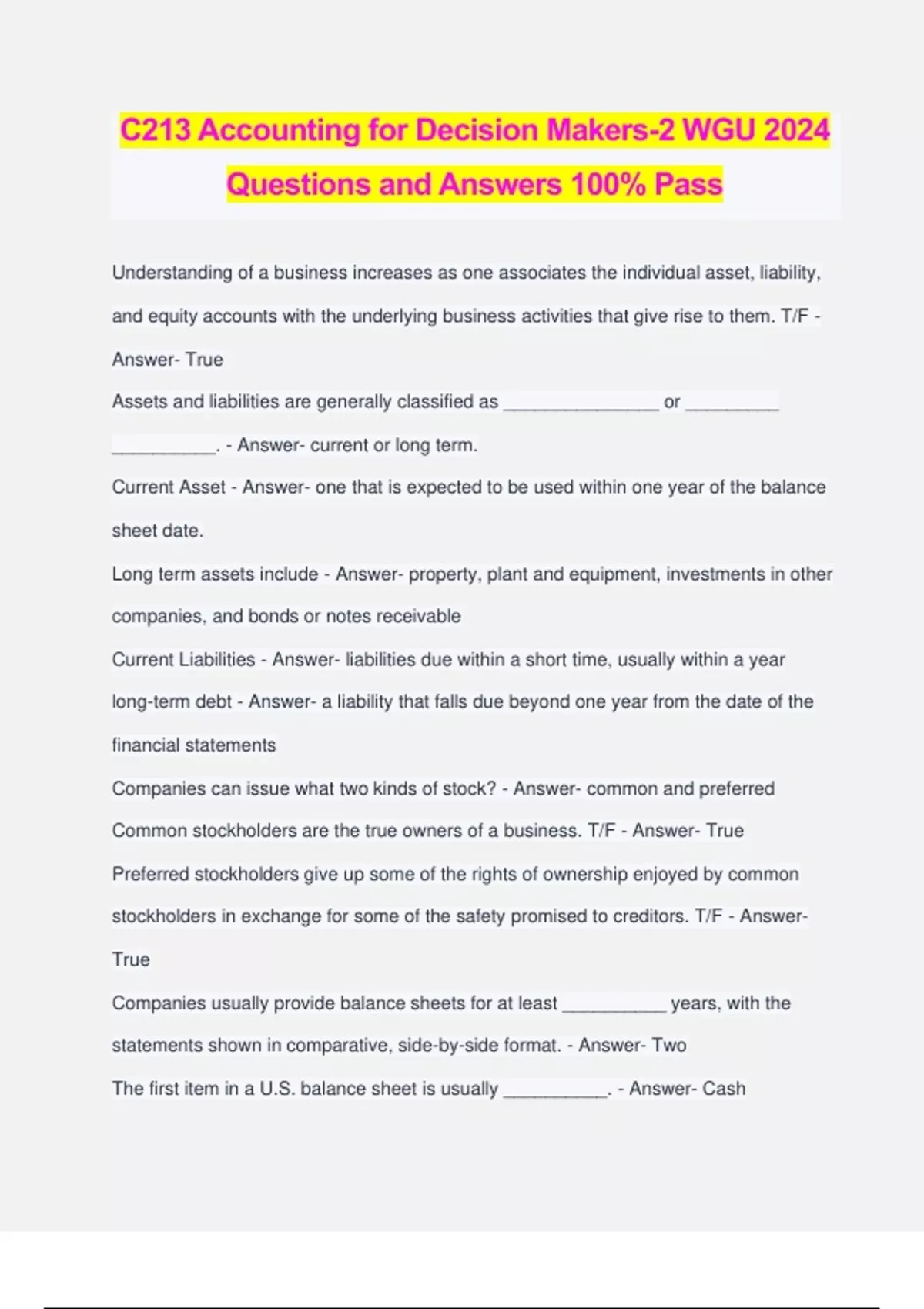 C213 Accounting for Decision Makers-2 WGU 2024 Questions and Answers ...