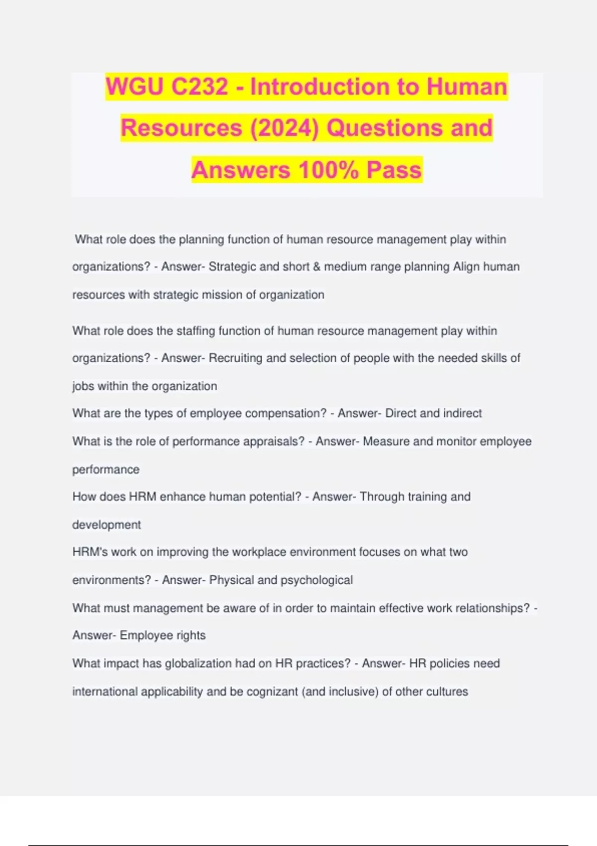 WGU C232 - Introduction to Human Resources (2024) Questions and Answers 100% Pass - WGU C232 ...