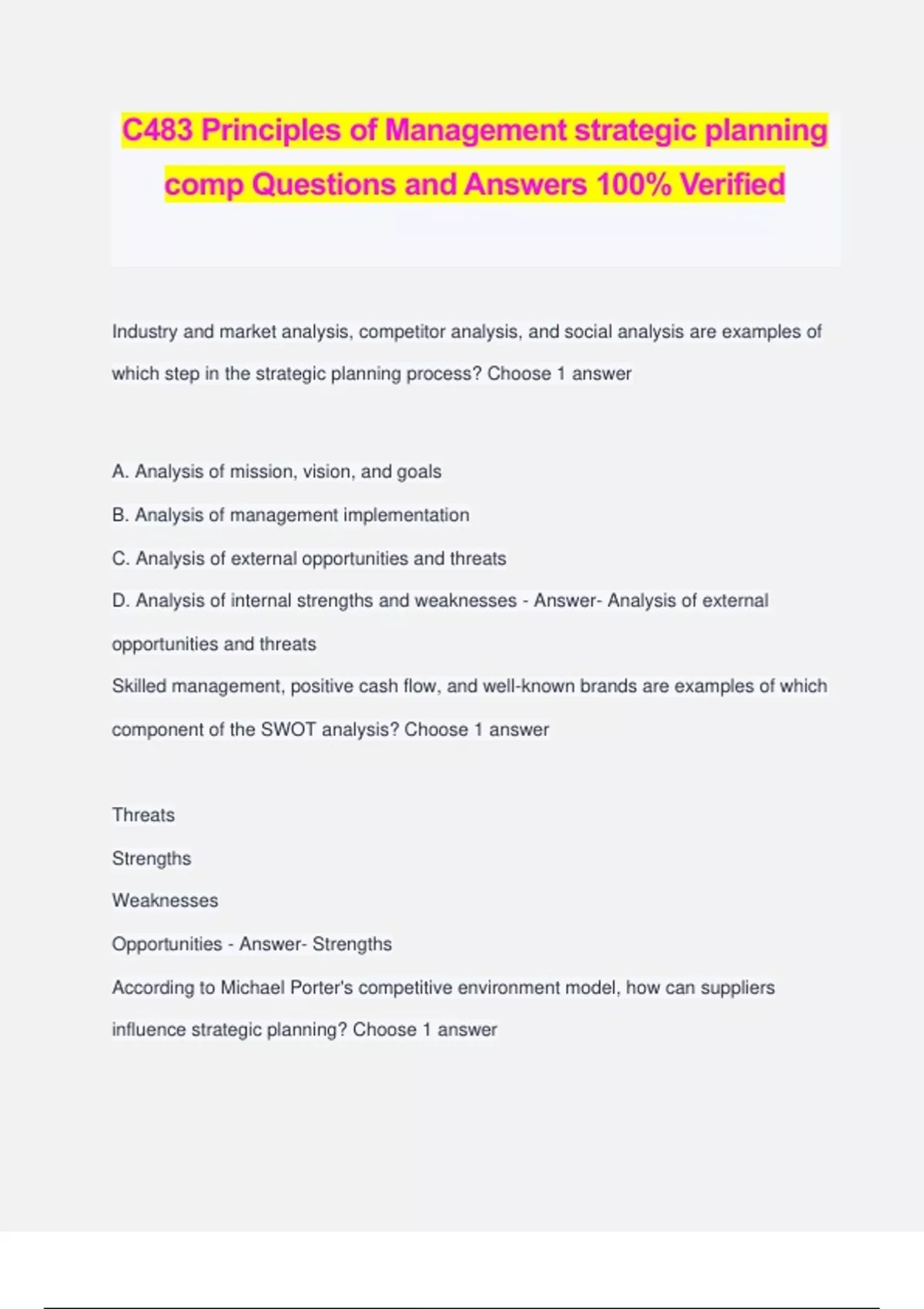 C483 Principles of Management strategic planning comp Questions and ...