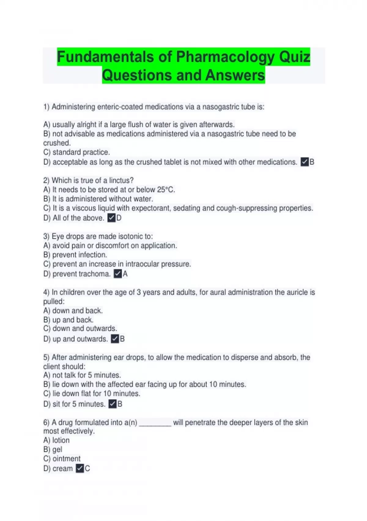 Fundamentals of Pharmacology Quiz Questions and Answers - Advanced ...