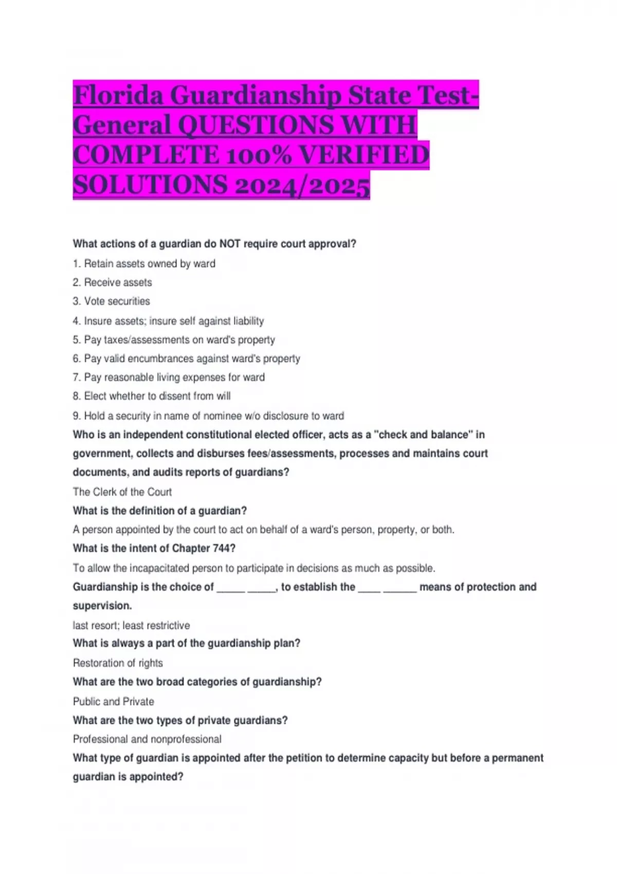 Florida Guardianship State Test-General QUESTIONS WITH COMPLETE 100% ...
