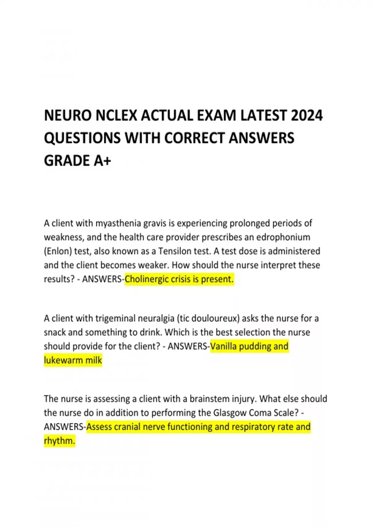 NEURO NCLEX ACTUAL EXAM LATEST 2024 QUESTIONS WITH CORRECT ANSWERS ...