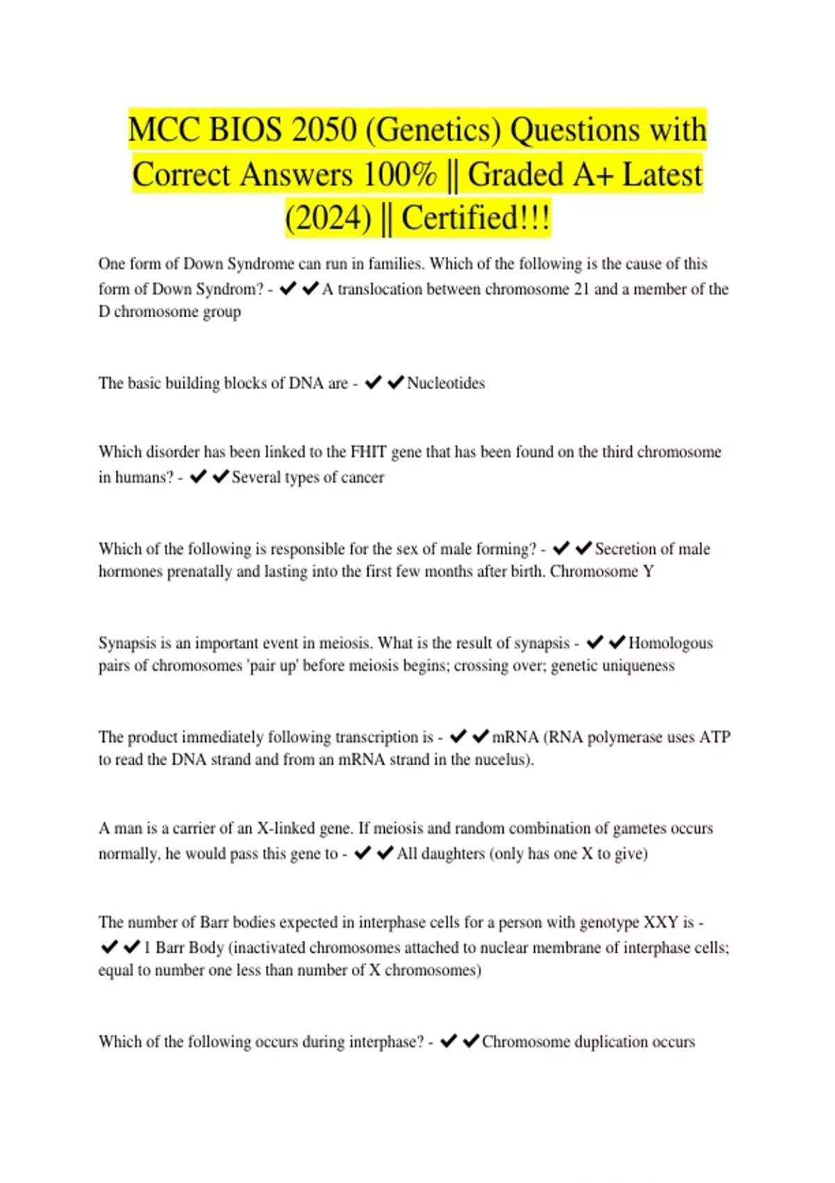MCC BIOS 2050 (Genetics) Questions with Correct Answers 100% || Graded ...