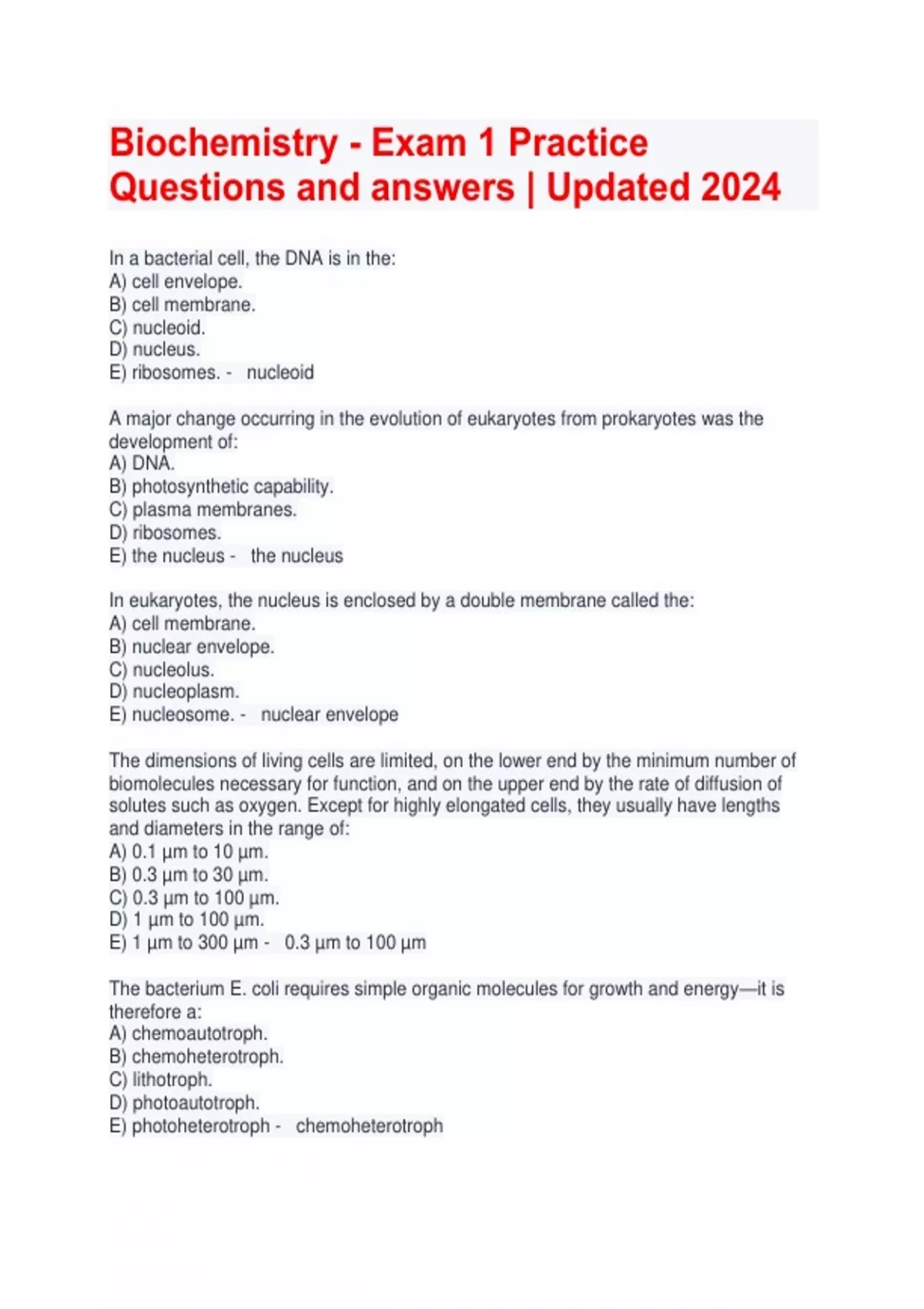 Biochemistry - Exam 1 Practice Questions and answers | Updated 2024 - Biochemistry - Stuvia US