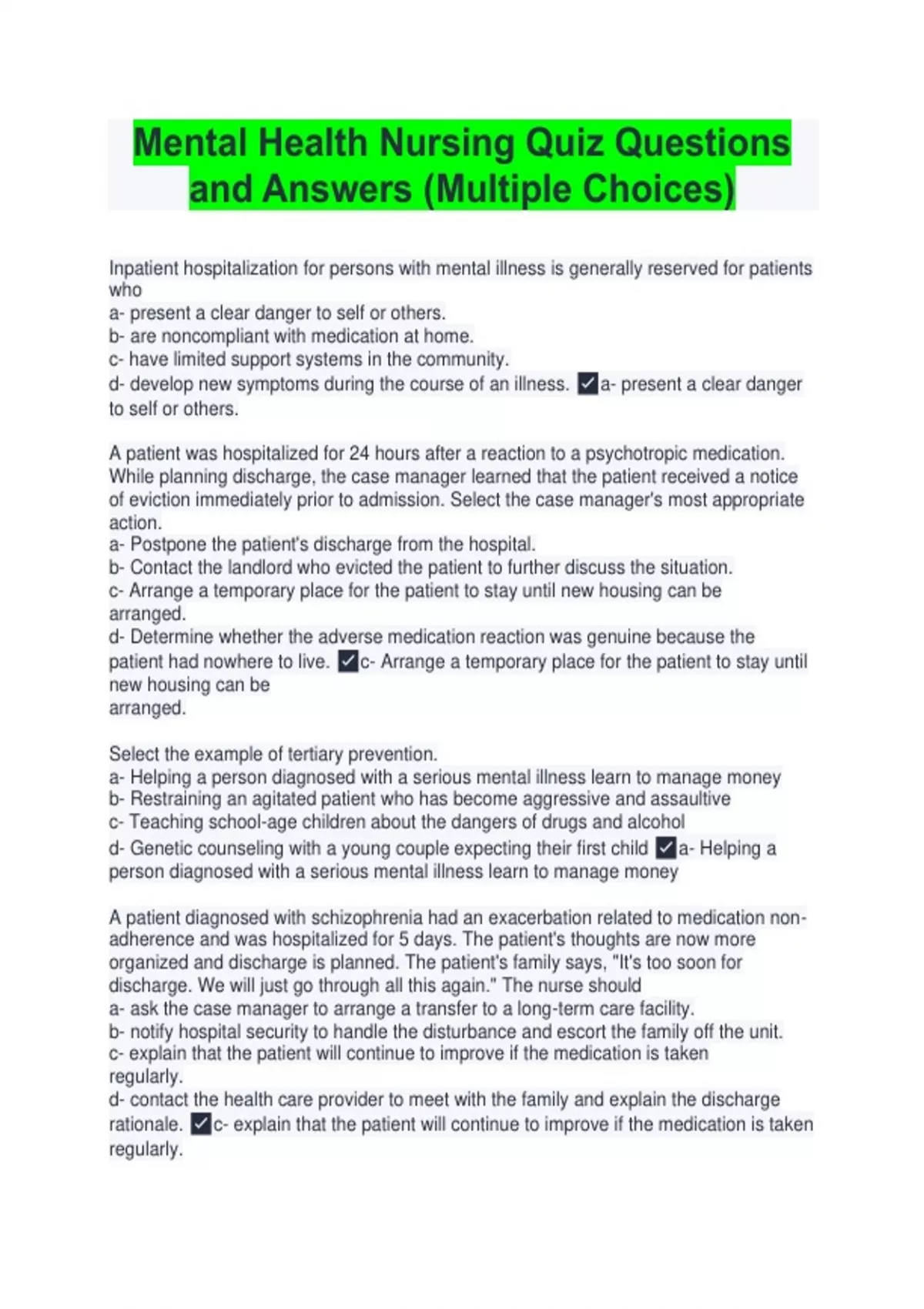 Mental Health Nursing Quiz Questions and Answers (Multiple Choices ...