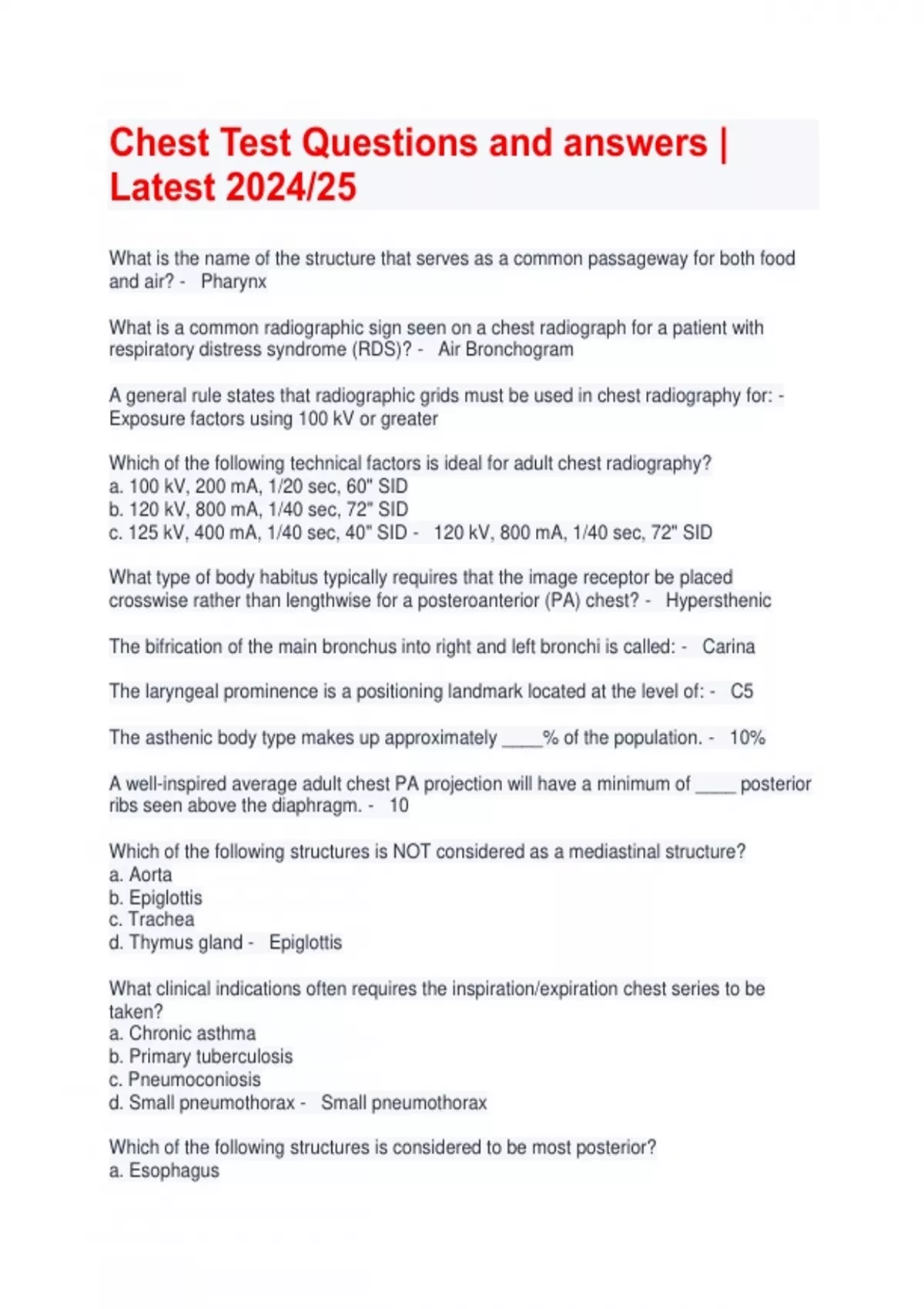 Chest Test Questions and answers | Latest 2024/25 - Chest - Stuvia US