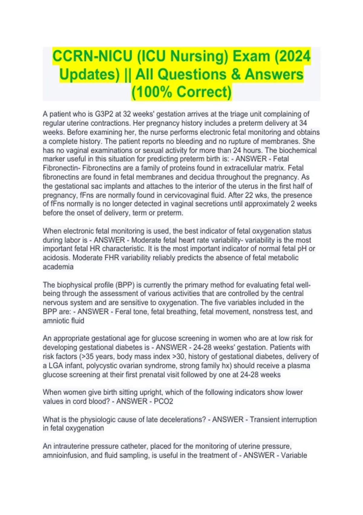CCRN-NICU (ICU Nursing) Exam (2024 Updates) || All Questions & Answers ...