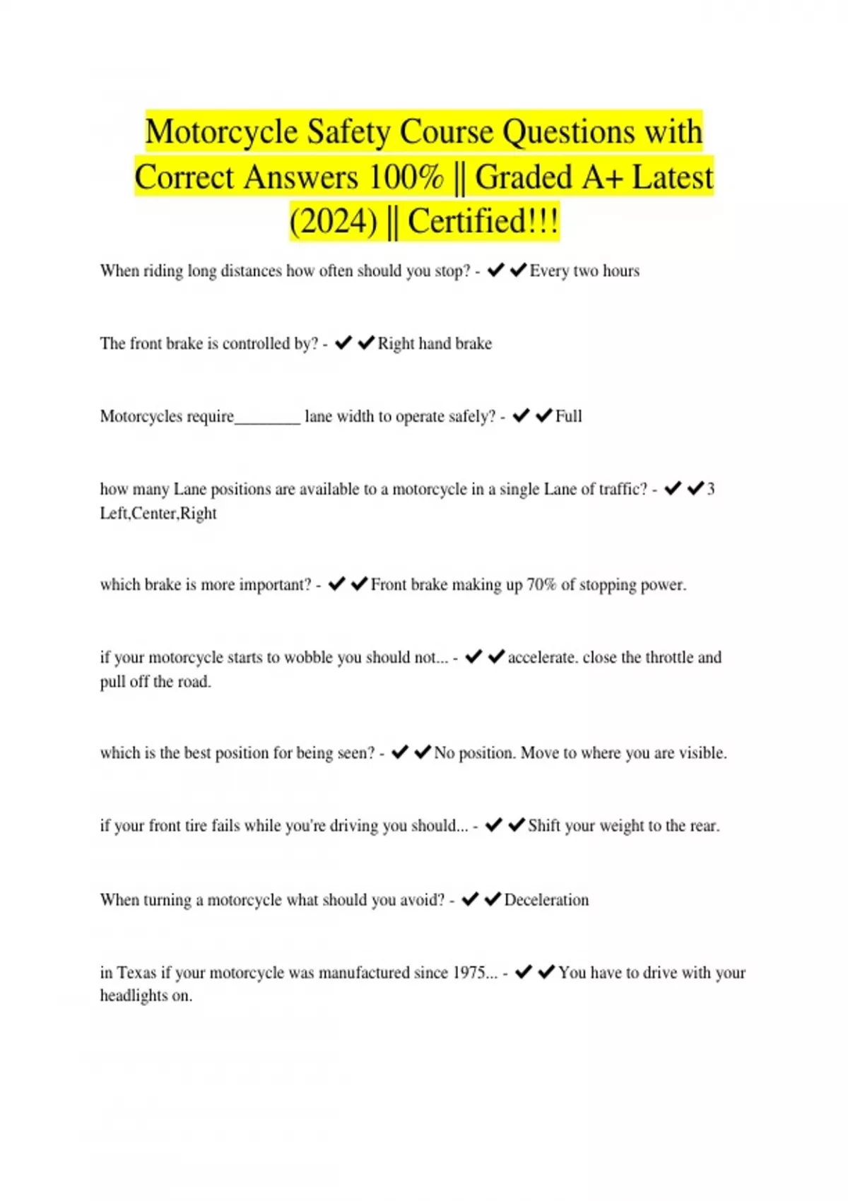 Motorcycle Safety Course Questions with Correct Answers 100% || Graded ...