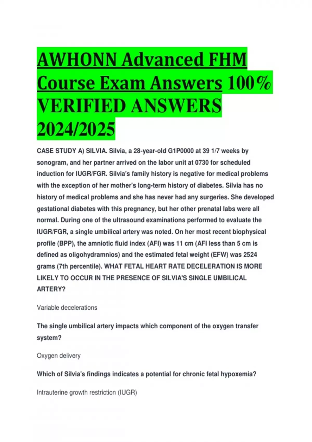AWHONN Advanced FHM Course Exam Answers 100% VERIFIED ANSWERS 2024/2025 ...