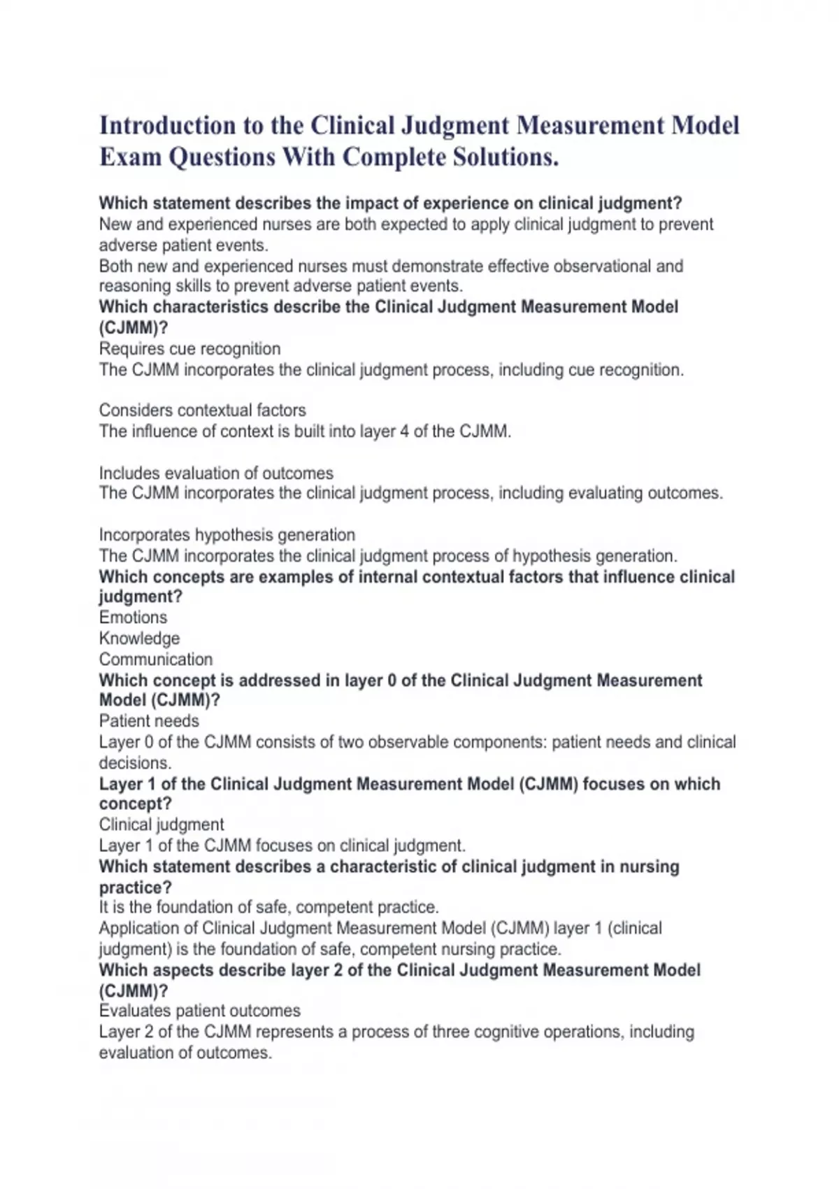 Introduction to the Clinical Judgment Measurement Model Exam Questions ...