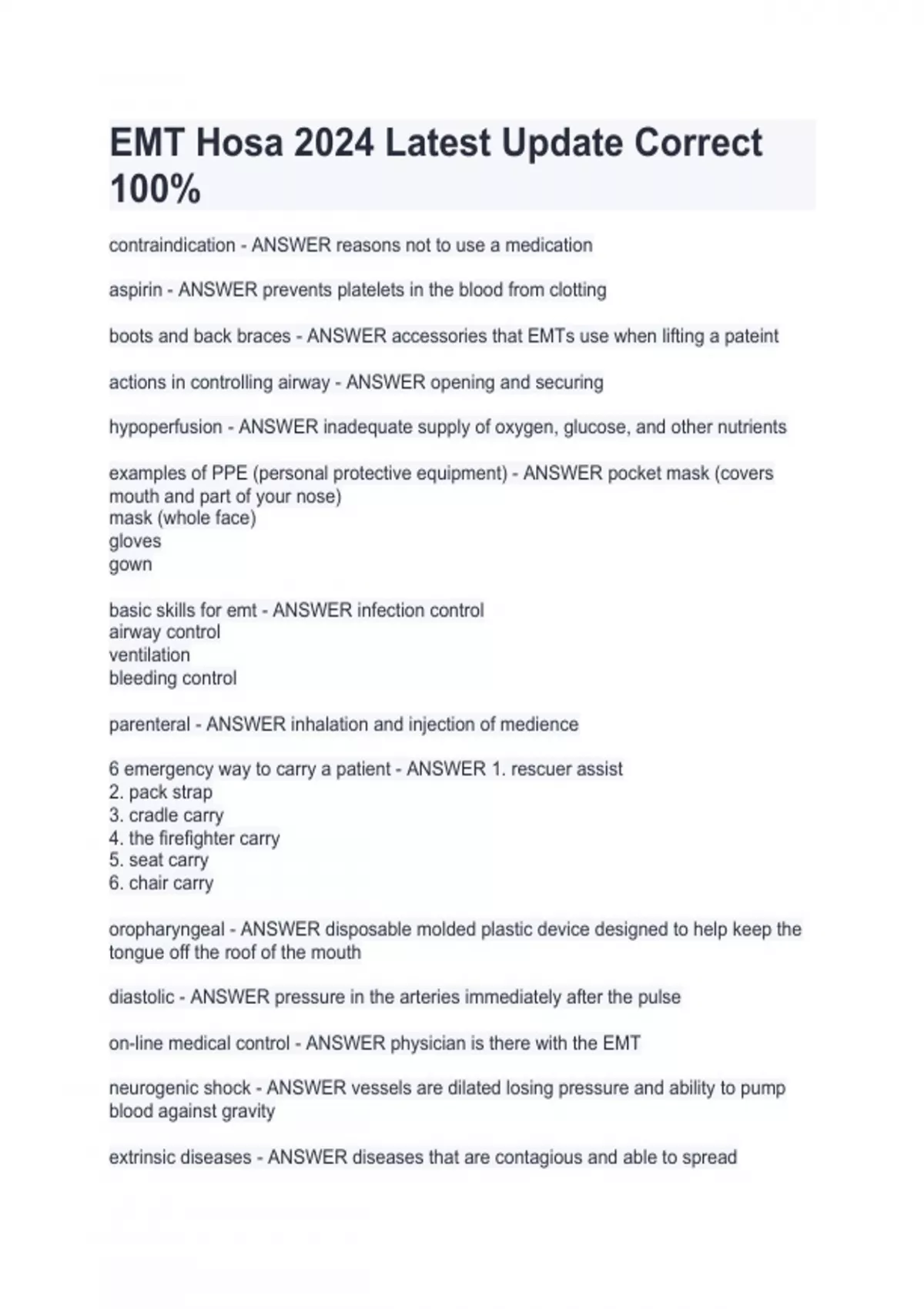 EMT Hosa 2024 Latest Update Correct 100% - HOSA EMT - Stuvia US