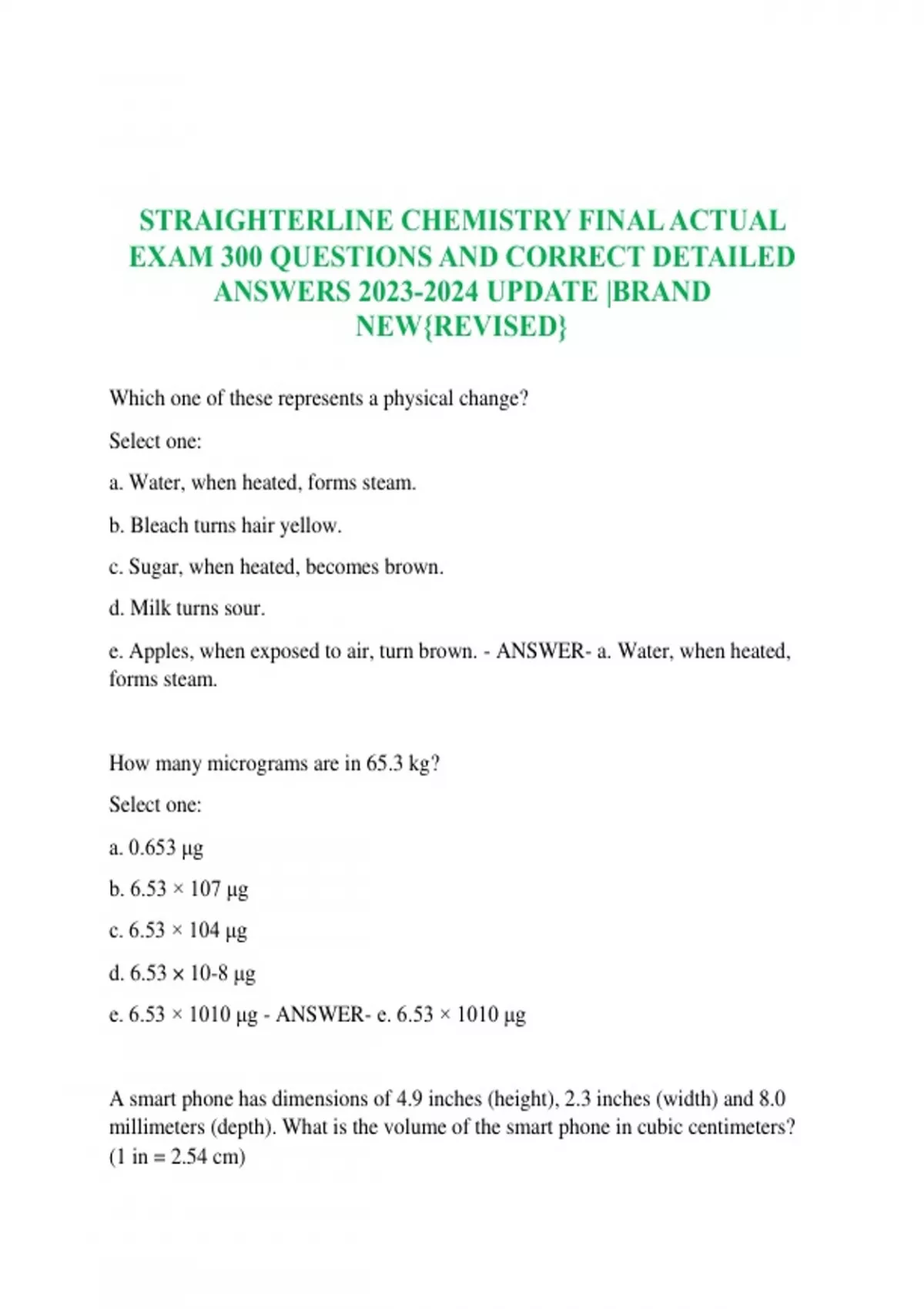 STRAIGHTERLINE CHEMISTRY FINAL ACTUAL EXAM 300 QUESTIONS AND CORRECT ...