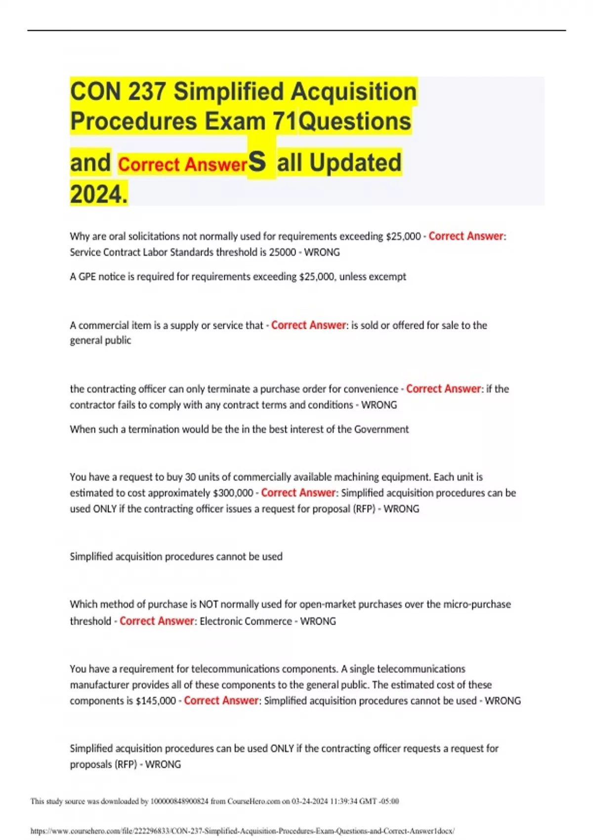 CON 237 Simplified Acquisition Procedures Exam 71Questions and Correct ...