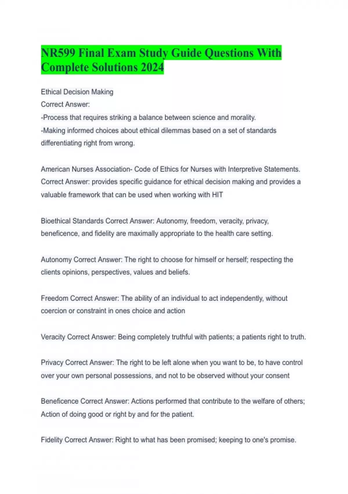 NR599 Final Exam Study Guide Questions With Complete Solutions 2024 - NR599 - Stuvia US