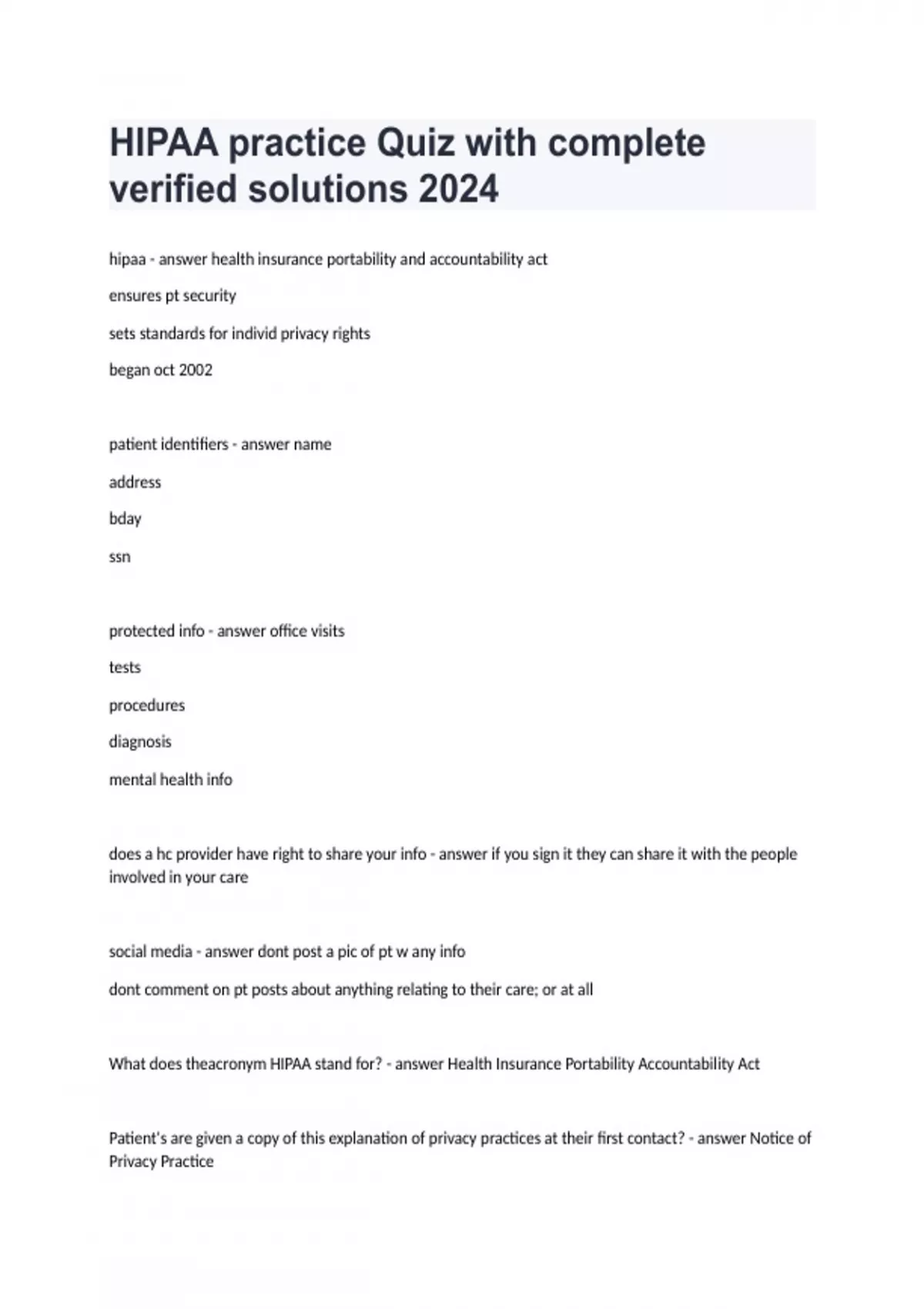 HIPAA practice Quiz with complete verified solutions 2024 - HIPAA - Stuvia US