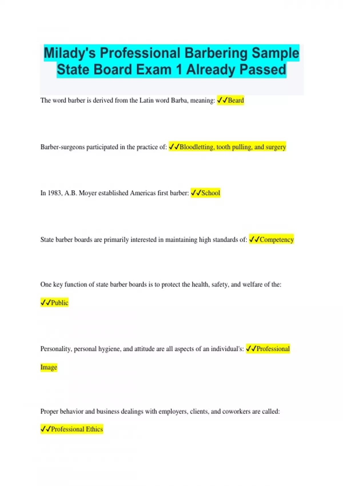 Milady's Professional Barbering Sample State Board Exam 1 Already ...