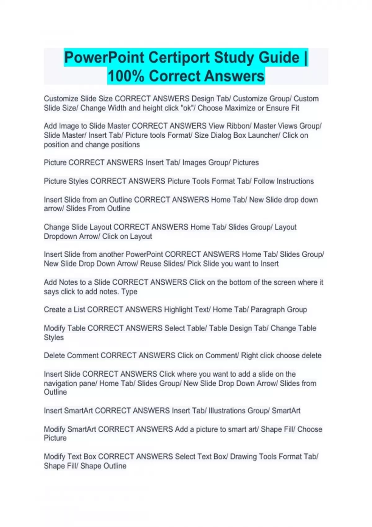 PowerPoint Certiport Study Guide | 100% Correct Answers - CertiPort ...