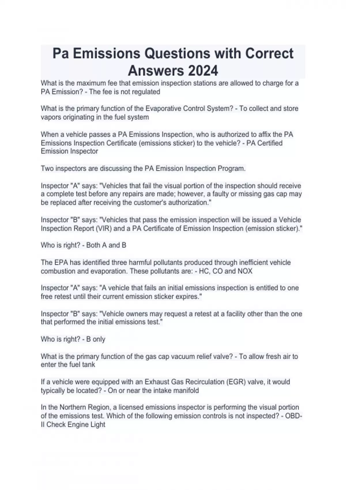 Pa Emissions Questions with Correct Answers 2024 - Inspection Mechanic ...