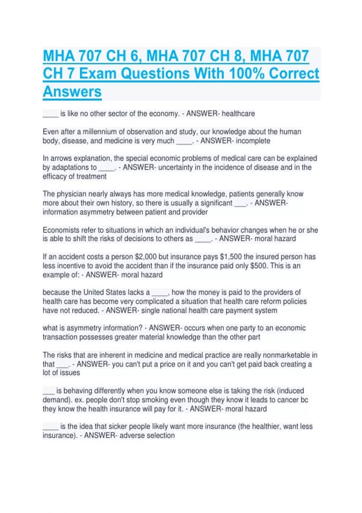 MHA 707 CH 6, MHA 707 CH 8, MHA 707 CH 7 Exam Questions With 100% Correct Answers - MHA 707 ...