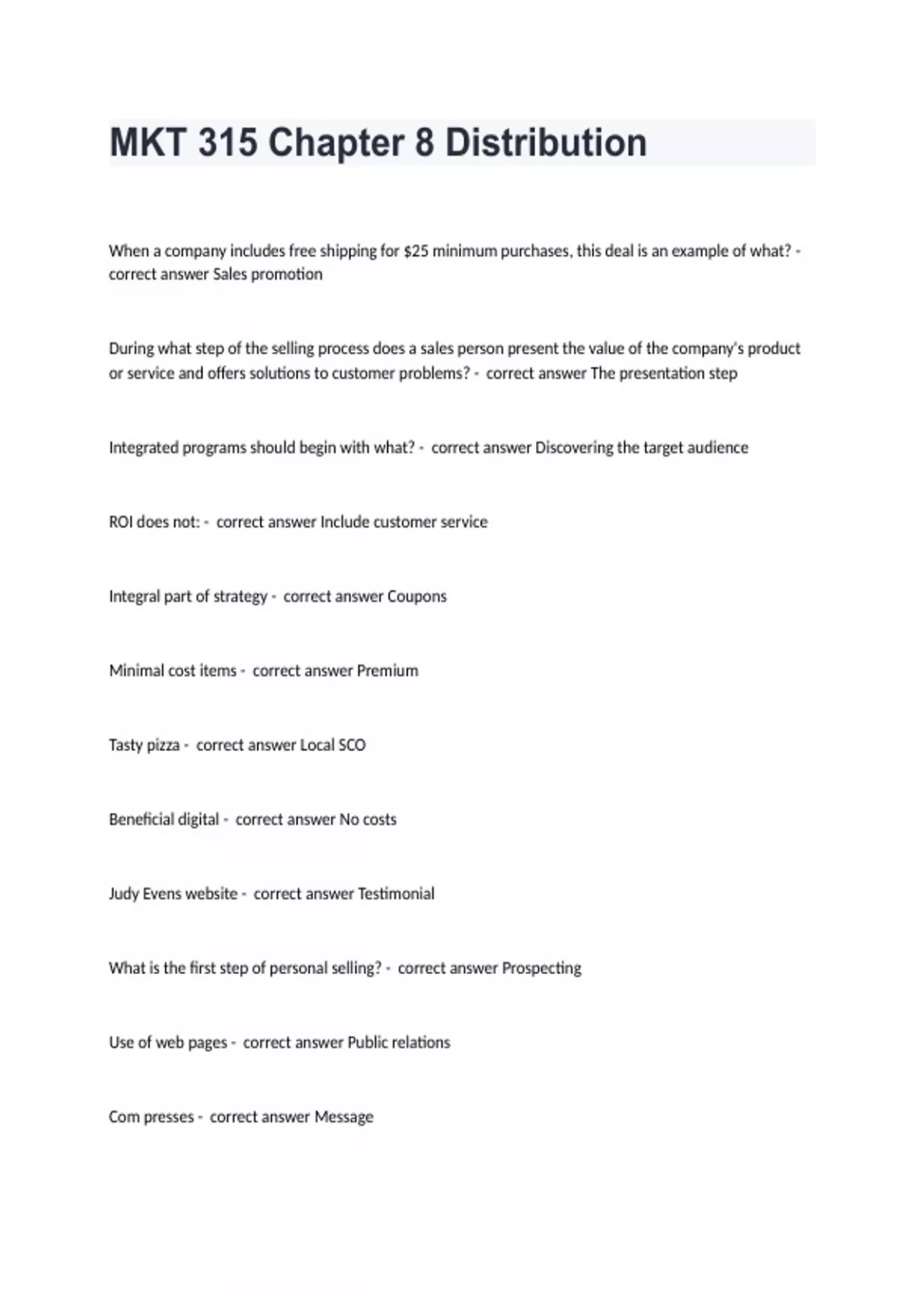 MKT 315 Chapter 8 Distribution questions with answers 2024 - MKT 315 - Stuvia US