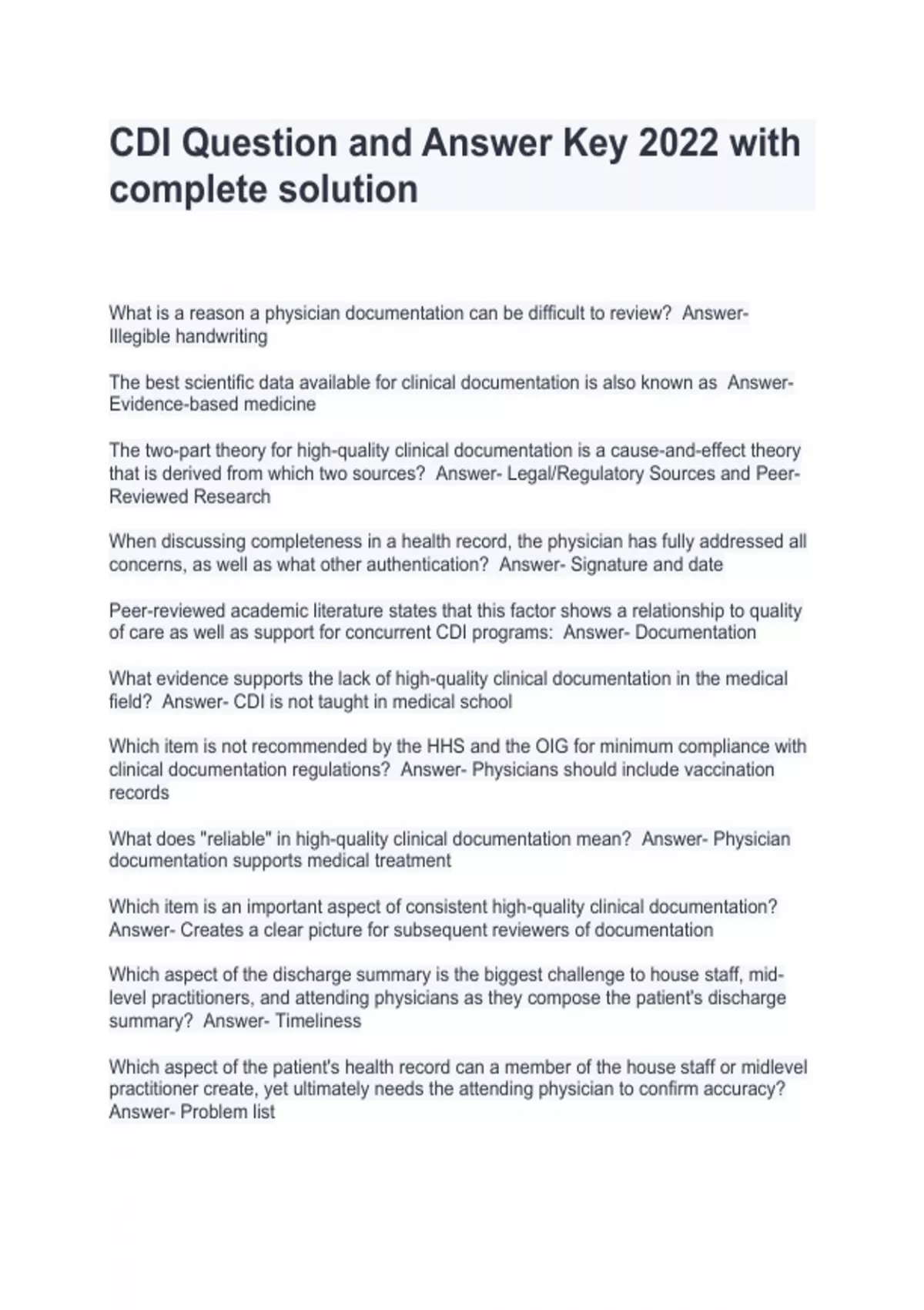 CDI QUESTION AND ANSWER KEY 2024 WITH COMPLETE SOLUTION - Nursing ...