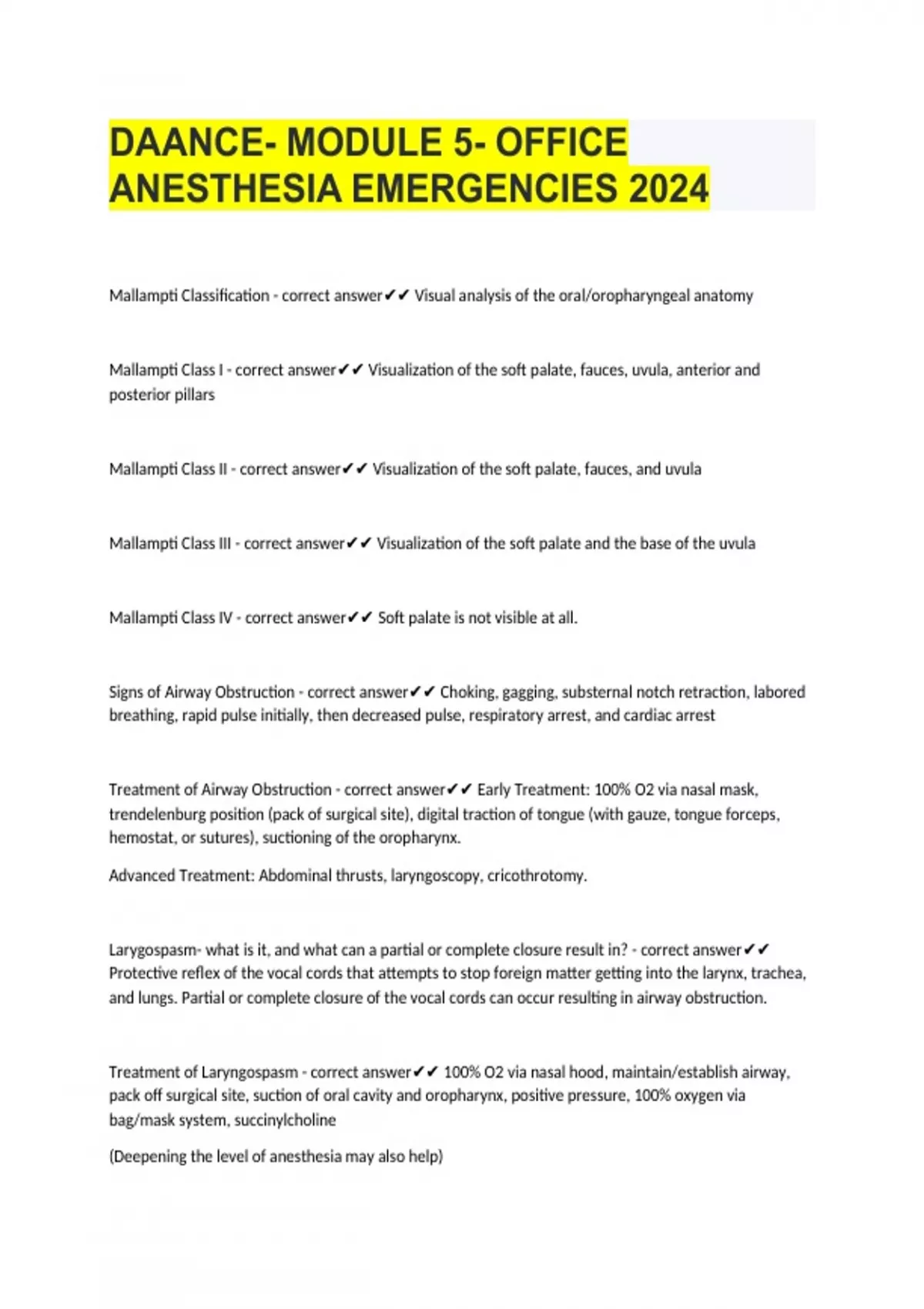 DAANCE- MODULE 5- OFFICE ANESTHESIA EMERGENCIES 2024 - DAANCE- - Stuvia US